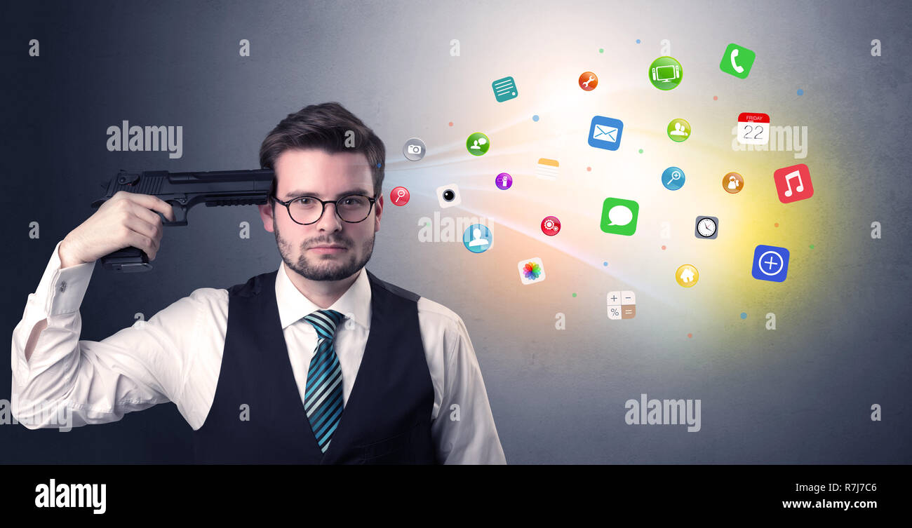 Man shoots his head with gun and application icons coming out from his ...