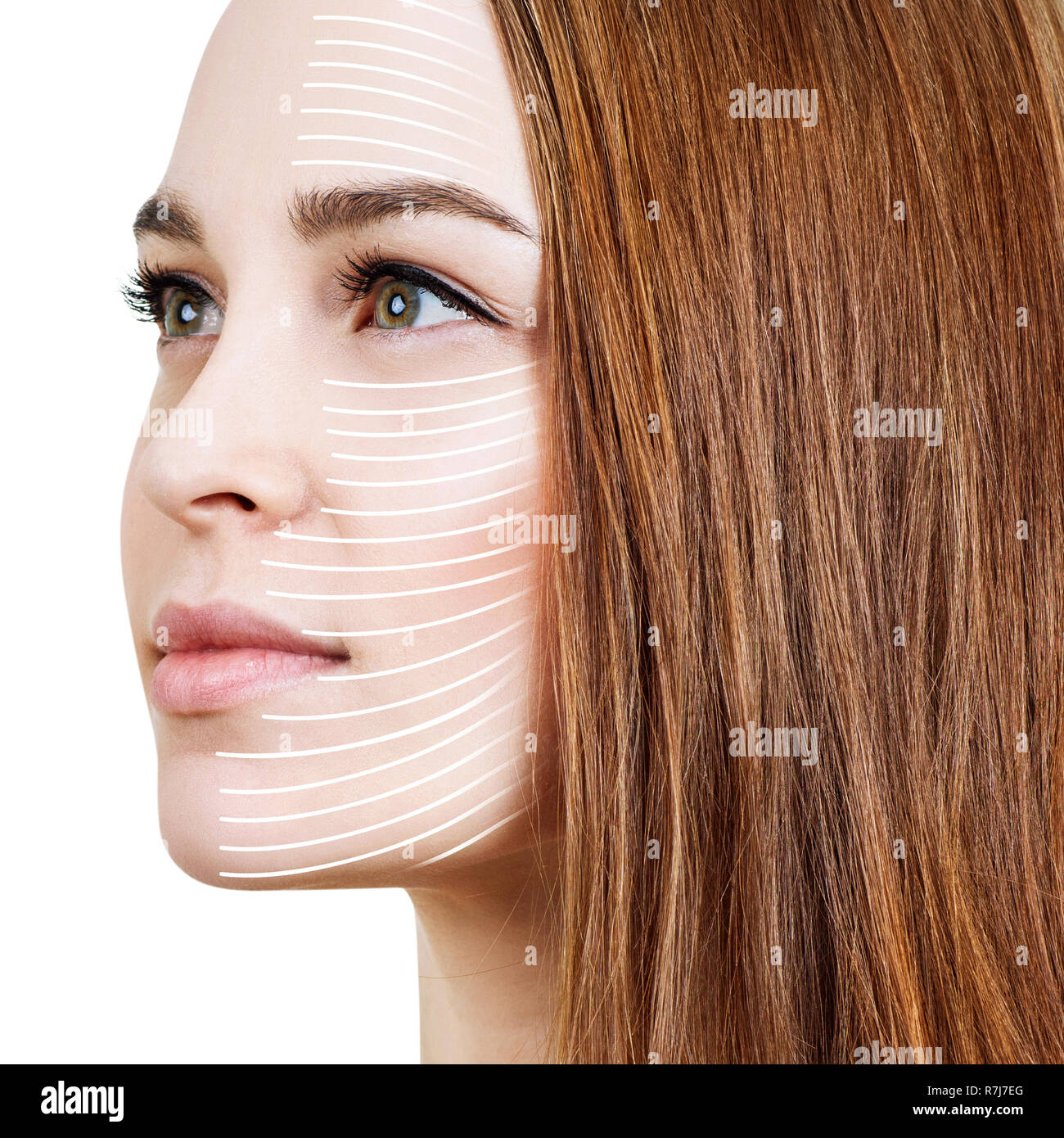 Graphic lines shows facial lifting effect on skin. Isolated on white ...