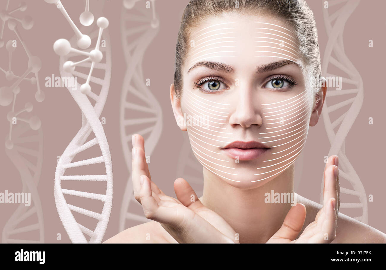 Portrait of sensual woman among DNA chains. Over beige background Stock ...