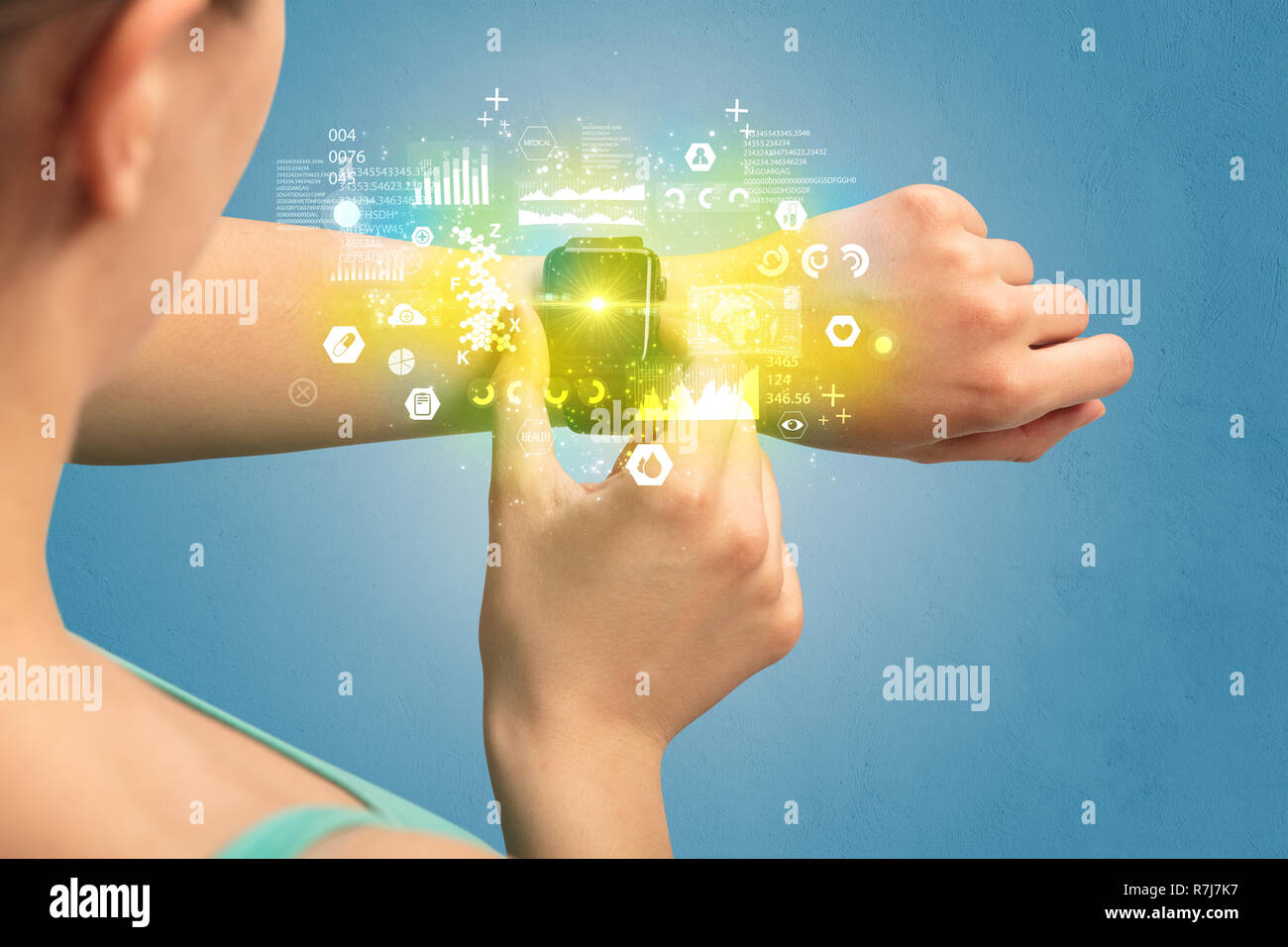 Hand with smartwatch and health medical tracker concept Stock Photo - Alamy