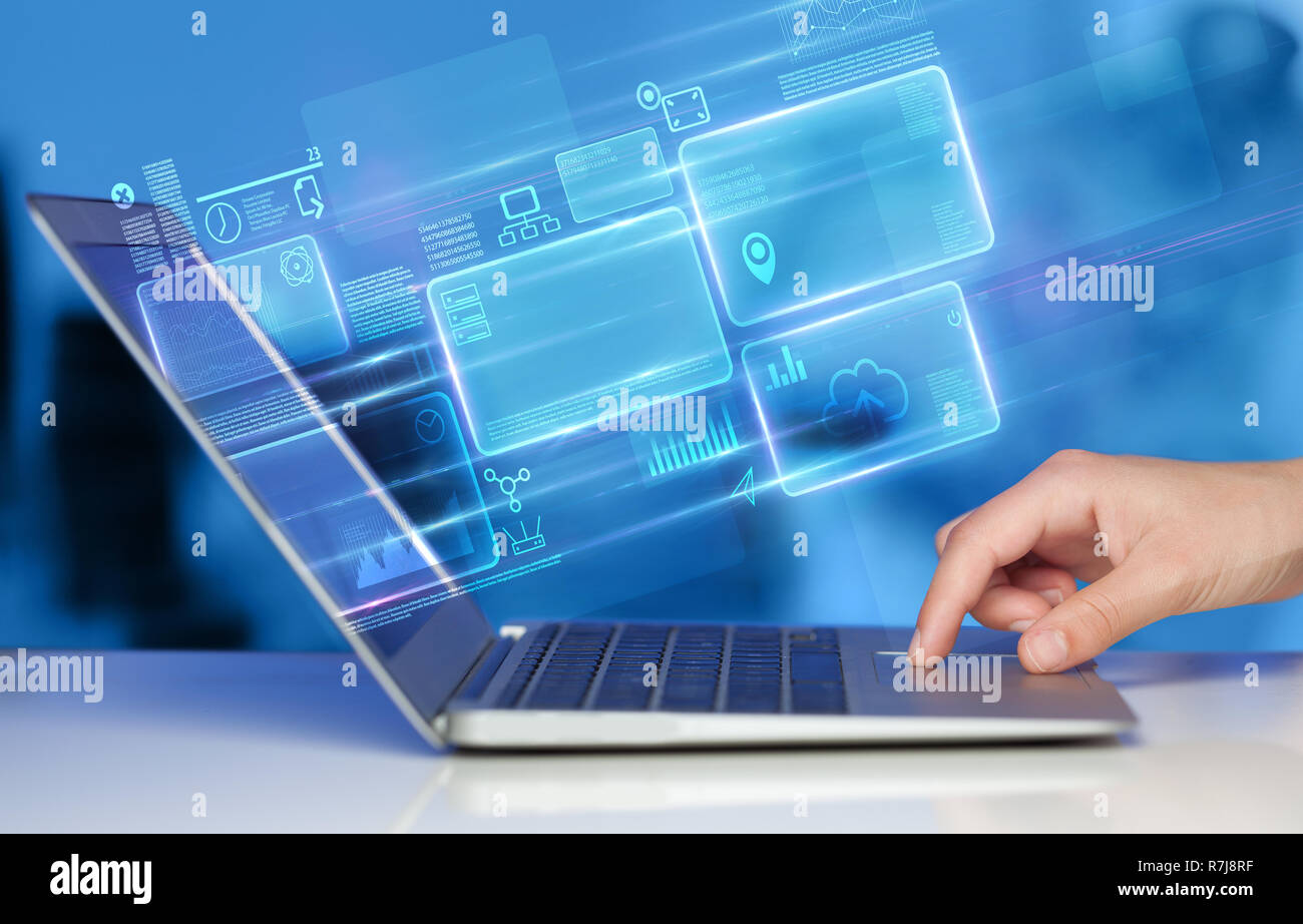 Hand using laptop with database reports and online work concept Stock ...