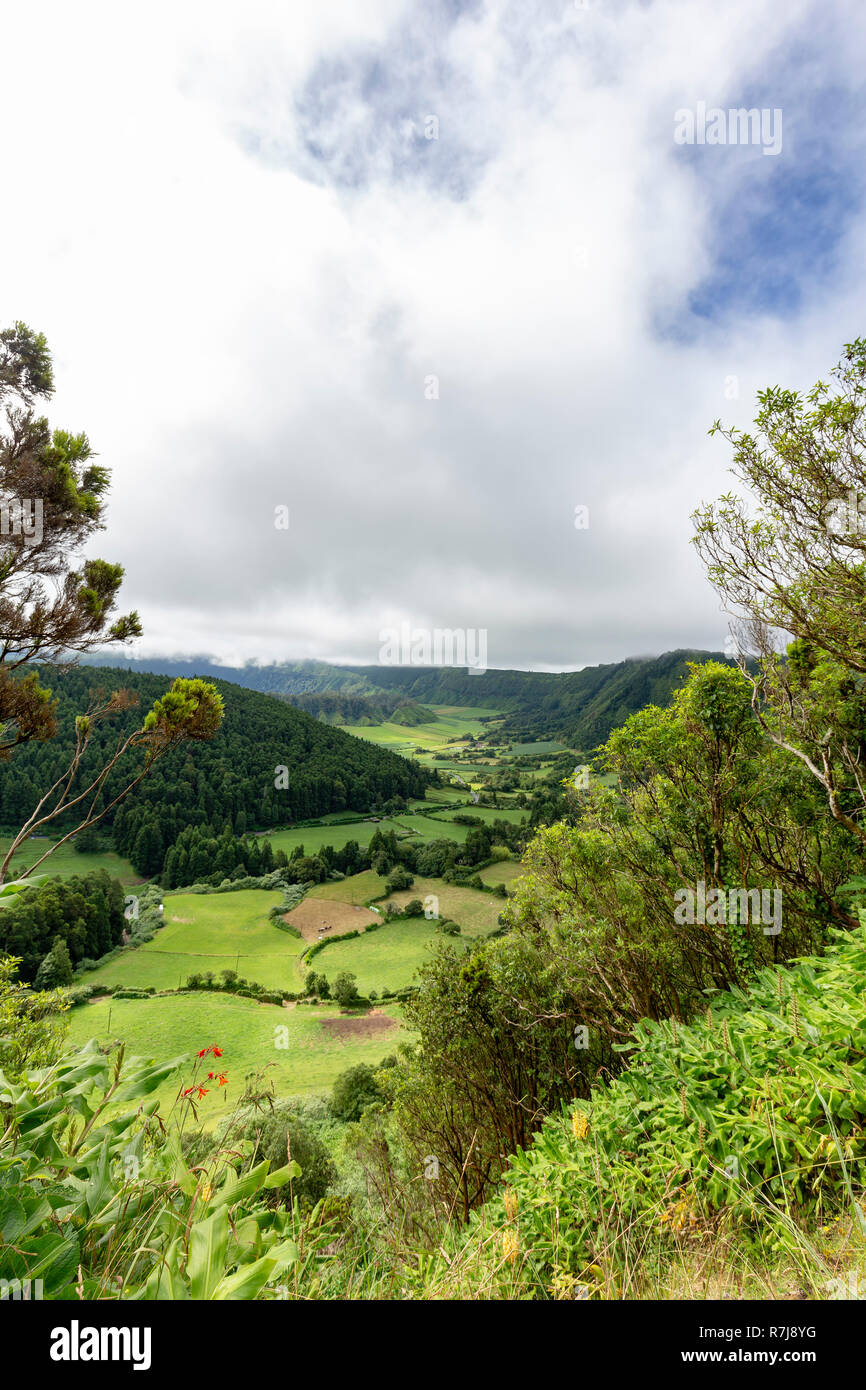 Beautiful view of farmland on the valley floor of the Sete Cidades ...