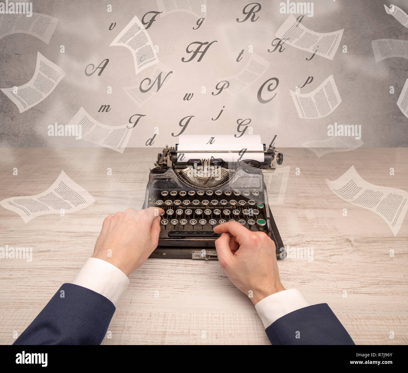 First person perspective hand typewriting with flying documents around ...