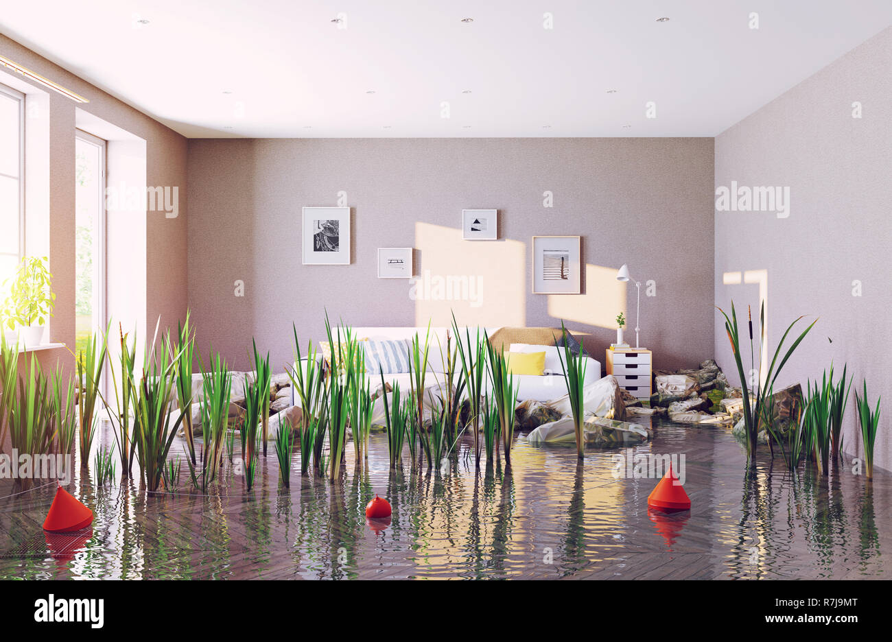 flooding living room. 3d creative concept rendering Stock Photo - Alamy