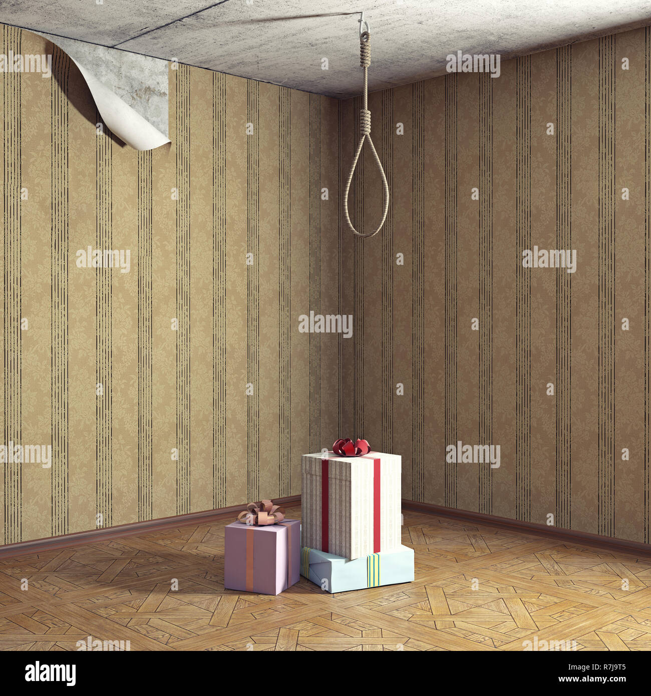 the gallows noose in the room and gift boxes as a step. 3d rendering ...