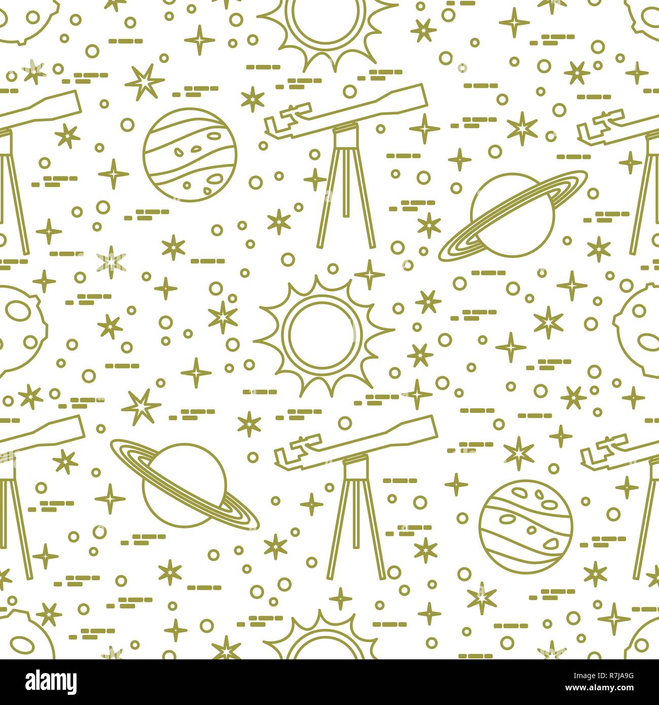 Seamless pattern with telescope, sun, planets, stars. Space exploration ...