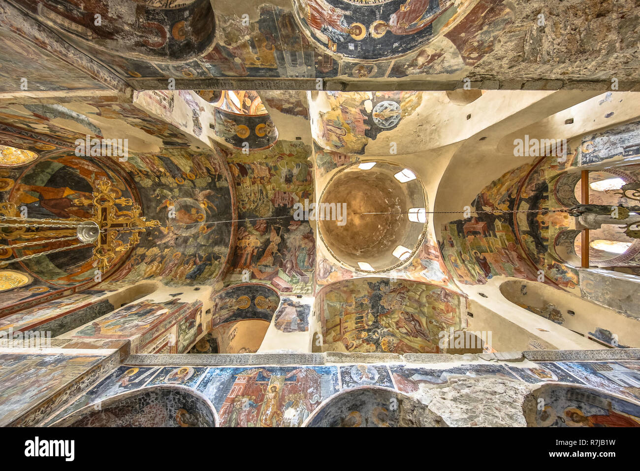 Interior of church roof with frescos in Mystras monastery on ...