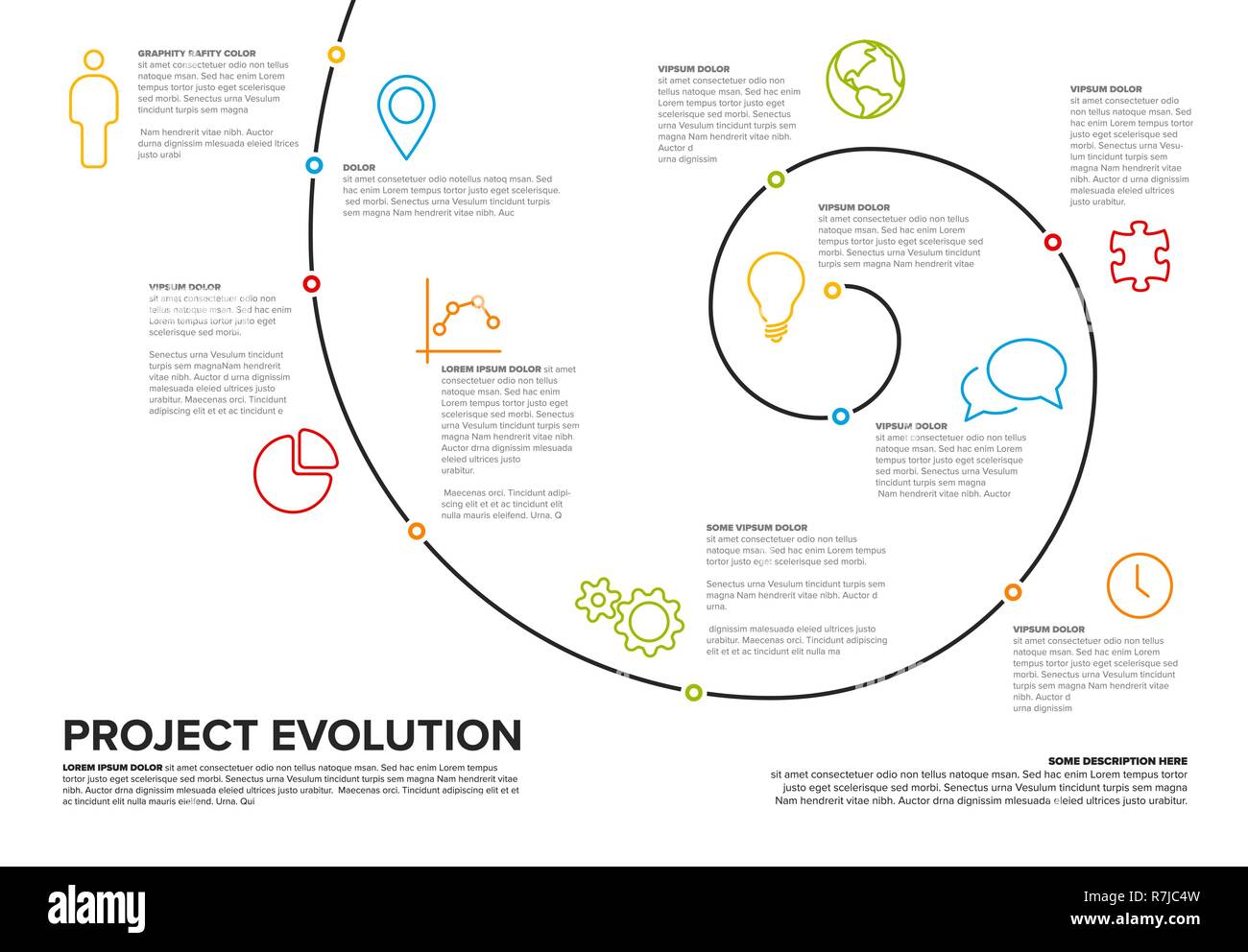 Project evolution timeline template with spiral model and icons - white ...