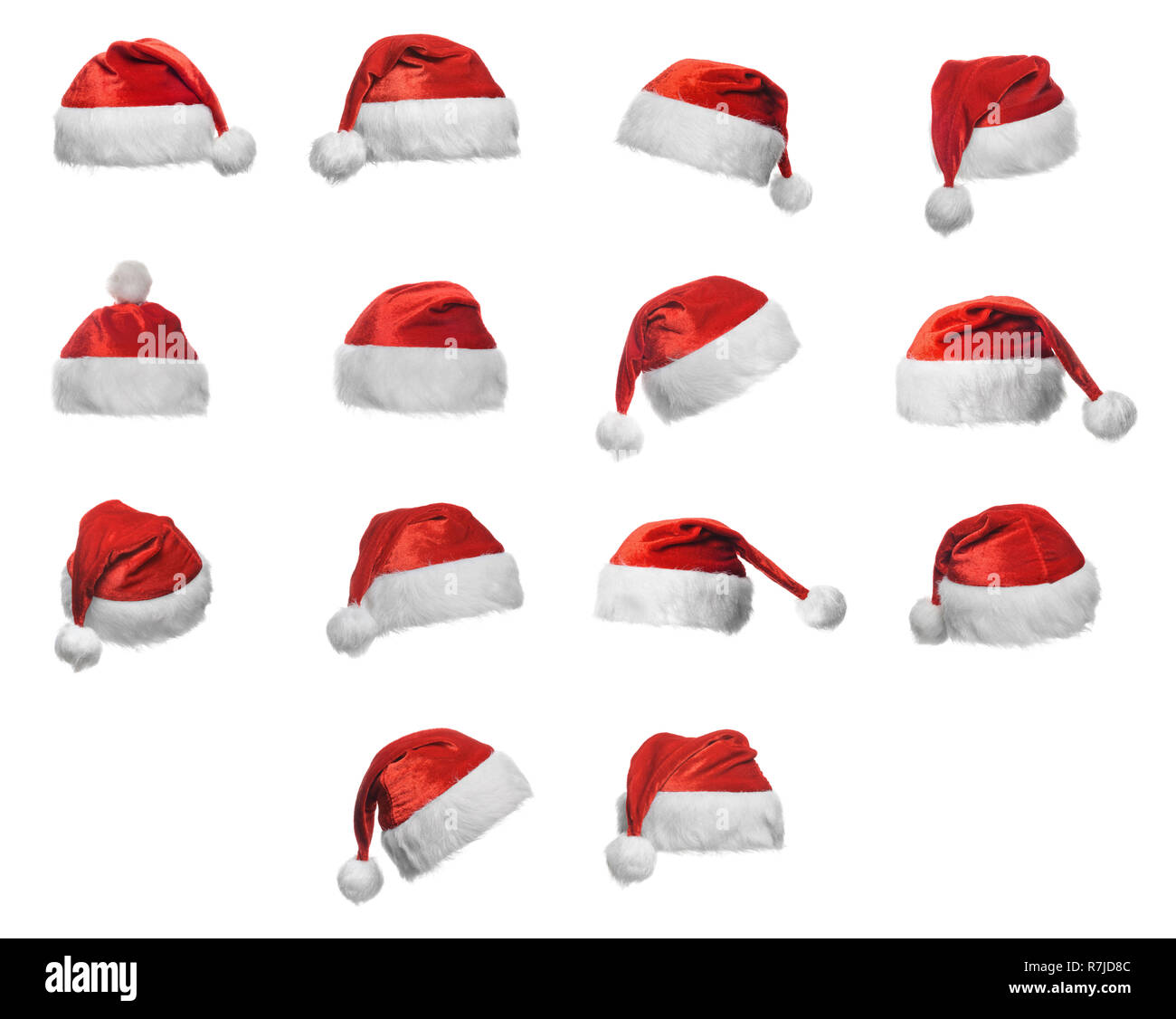 Set of red Santa hats, isolated on white Stock Photo - Alamy