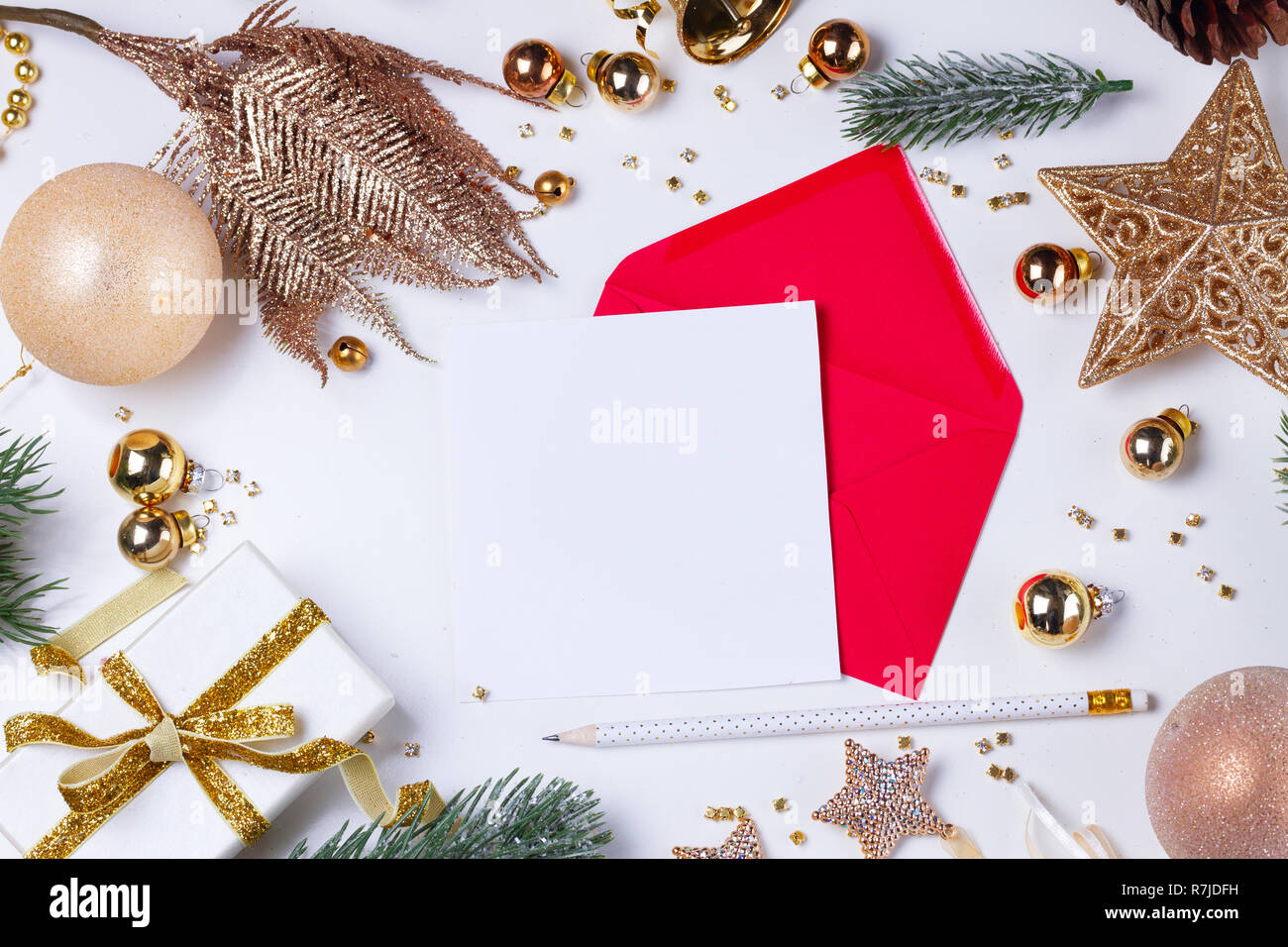 Christmas flat lay scene with golden decorations Stock Photo - Alamy