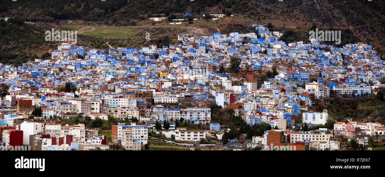 Morocco, Chefchaouen, the Blue City, panoramic view illuminated in ...