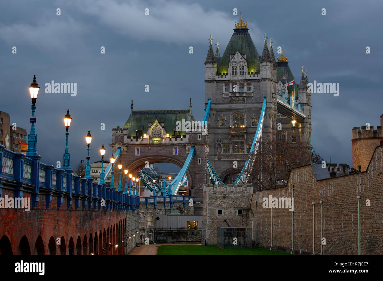 Tower Bridge as viewed along the moat of The Tower Of London, at ...