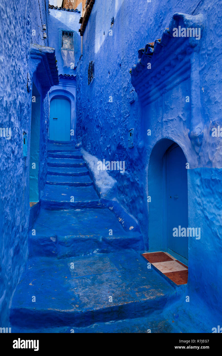 Morocco, Chefchaouen, Blue City, Medina, blue painted steps leading to ...