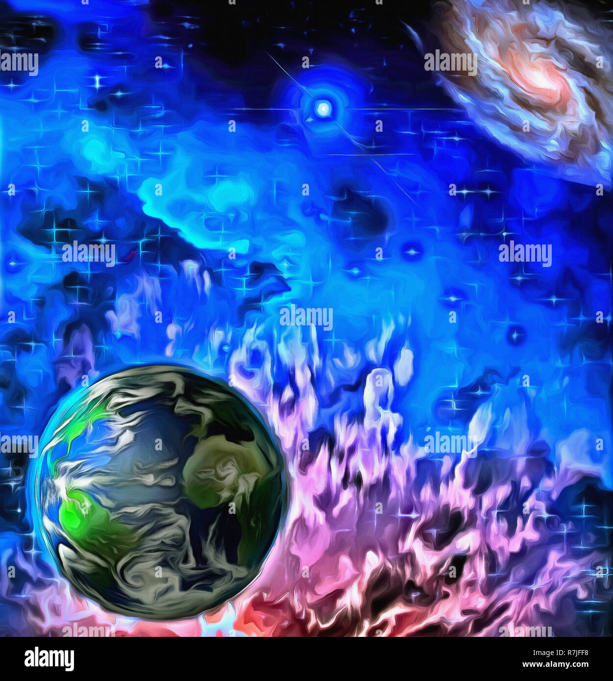 Surreal painting. Planet Earth in endless universe Stock Photo - Alamy