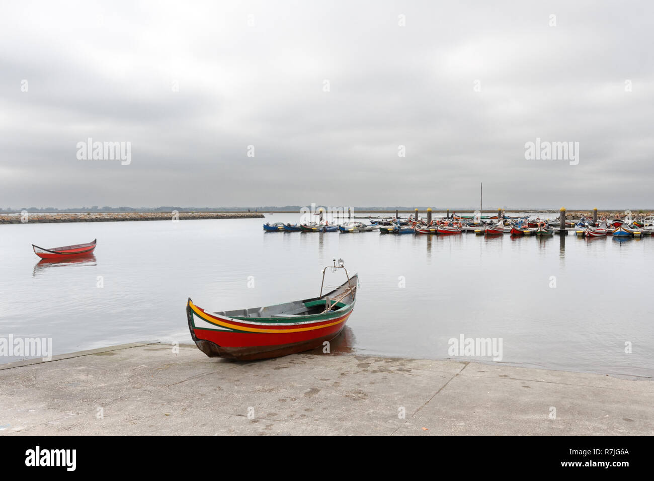 Typical boats in Ria de Aveiro (Portugal), Torreira Harbor, on July 31 ...