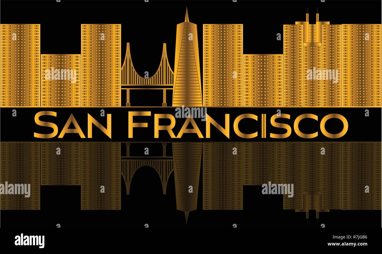 San Francisco gold lettering. Vector with skyscrapers and golden gate ...