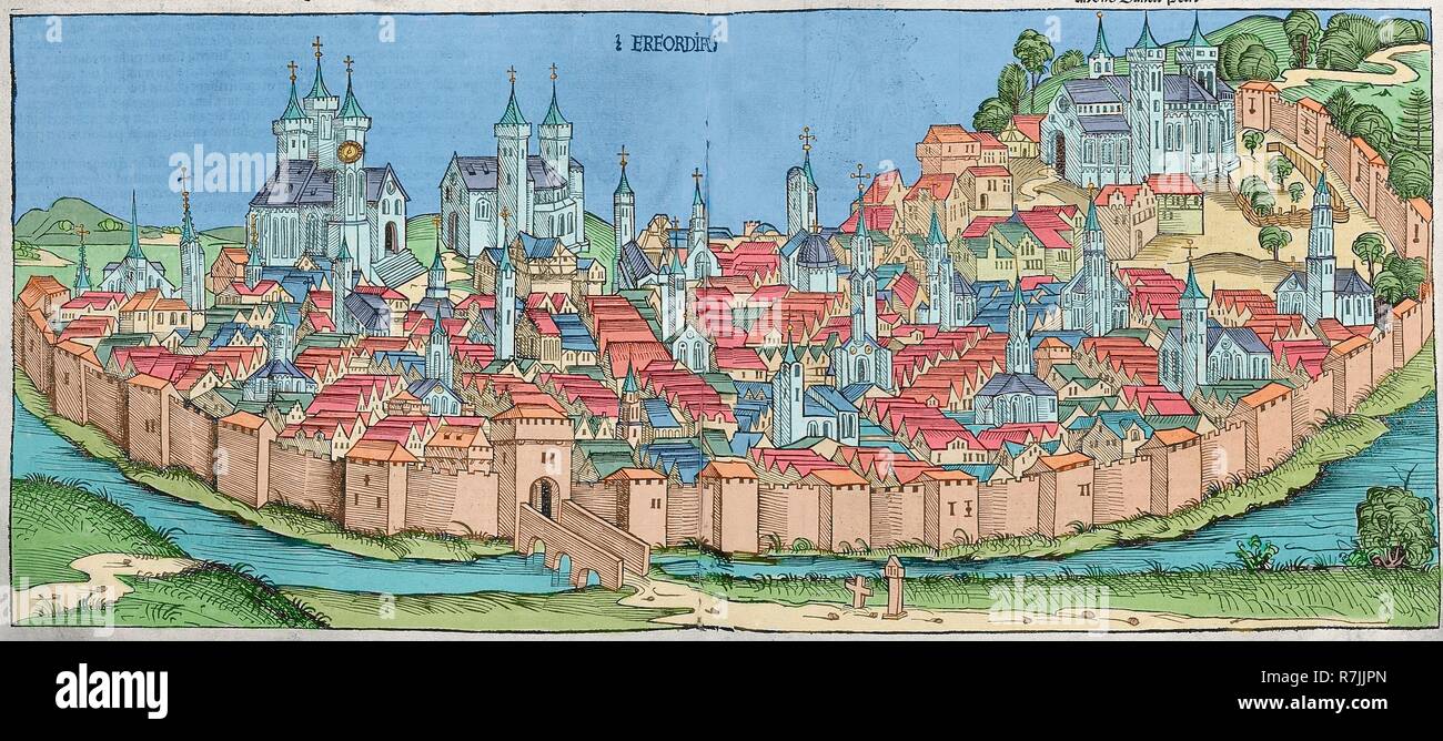 Ciudad de Erfurt (Erfordia). Alemania. Grabado. Liber chronicarum, 1493 ...