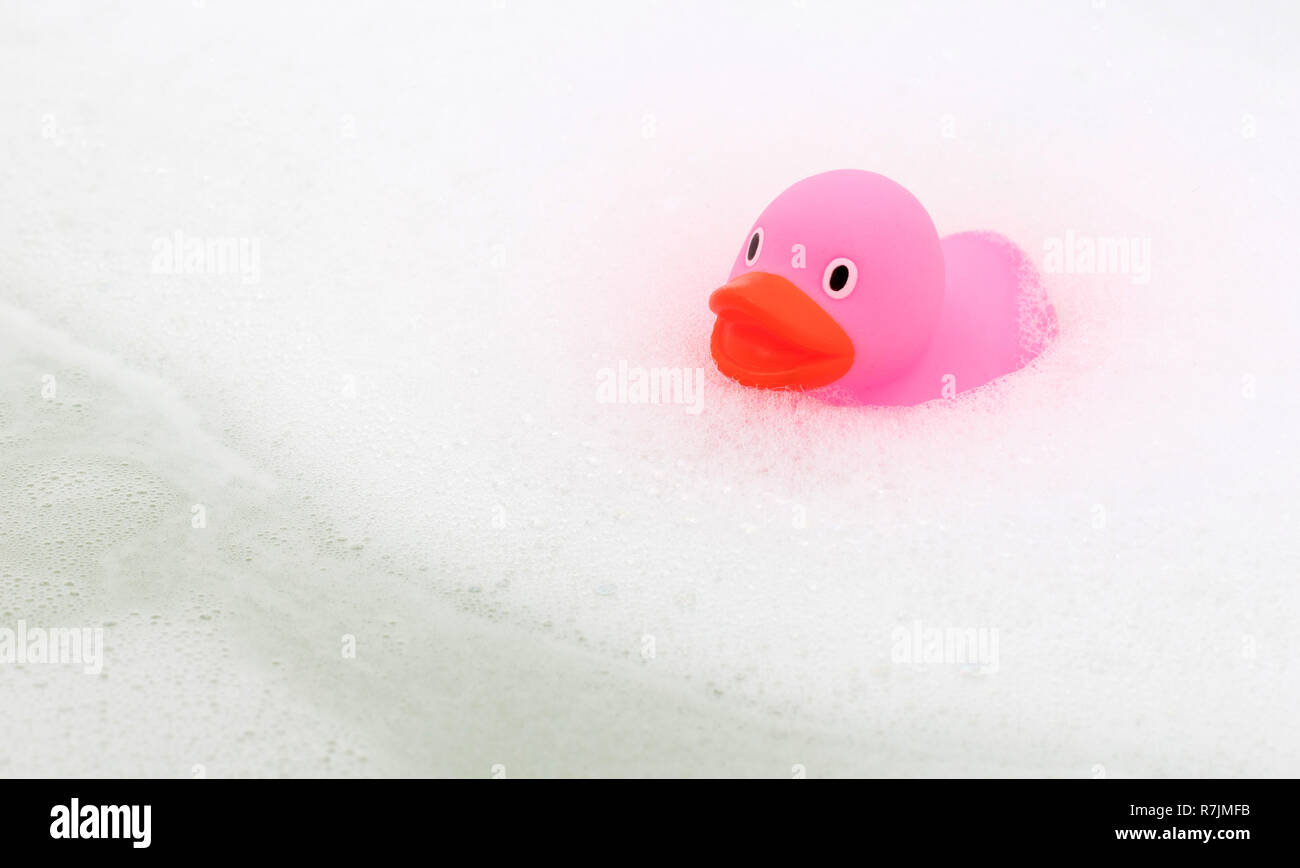 Pink duck in a bathtub, surrounded by soap Stock Photo - Alamy