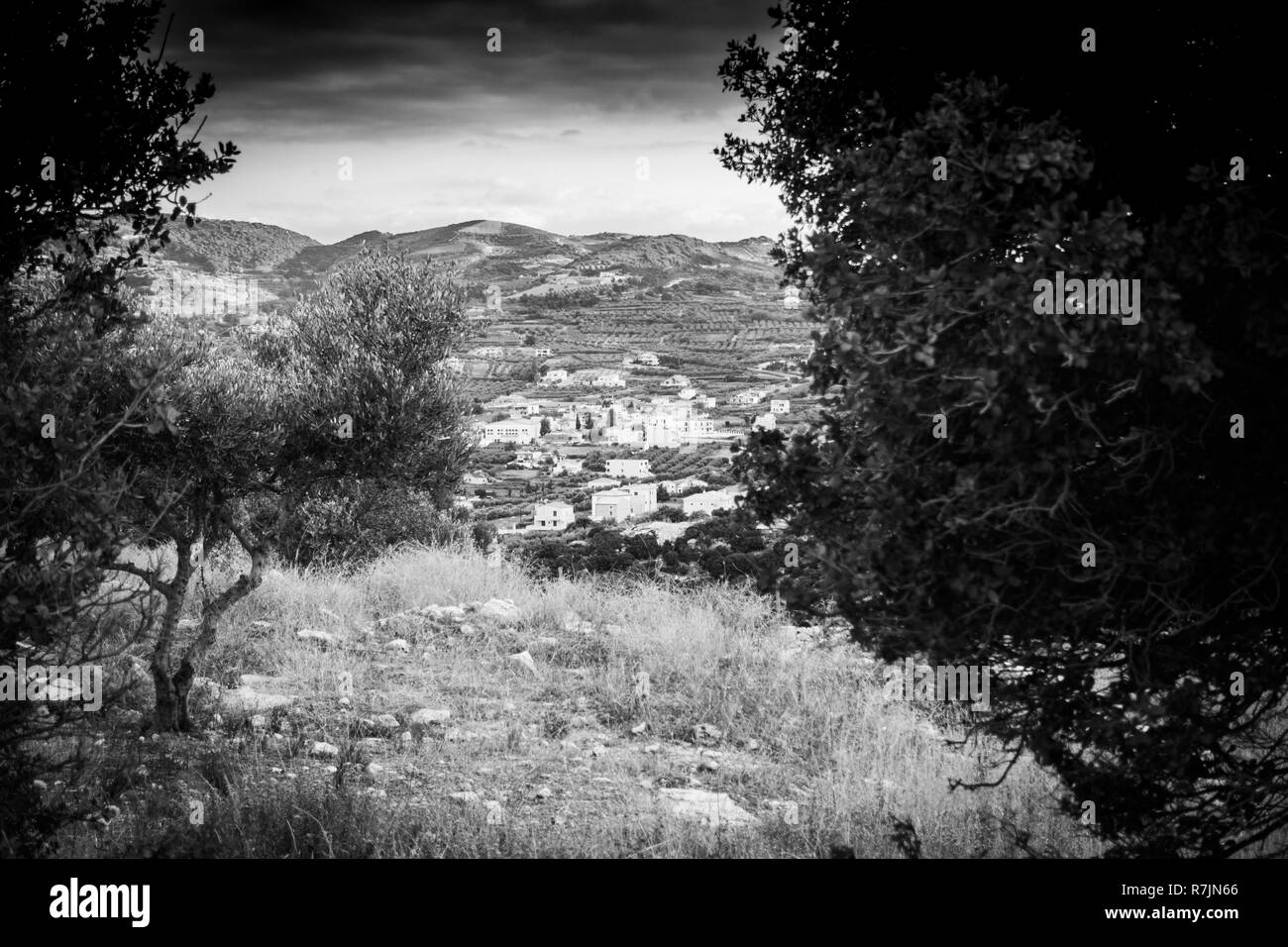Distant view of mountain village in Archanes, Crete, Greece Stock Photo ...