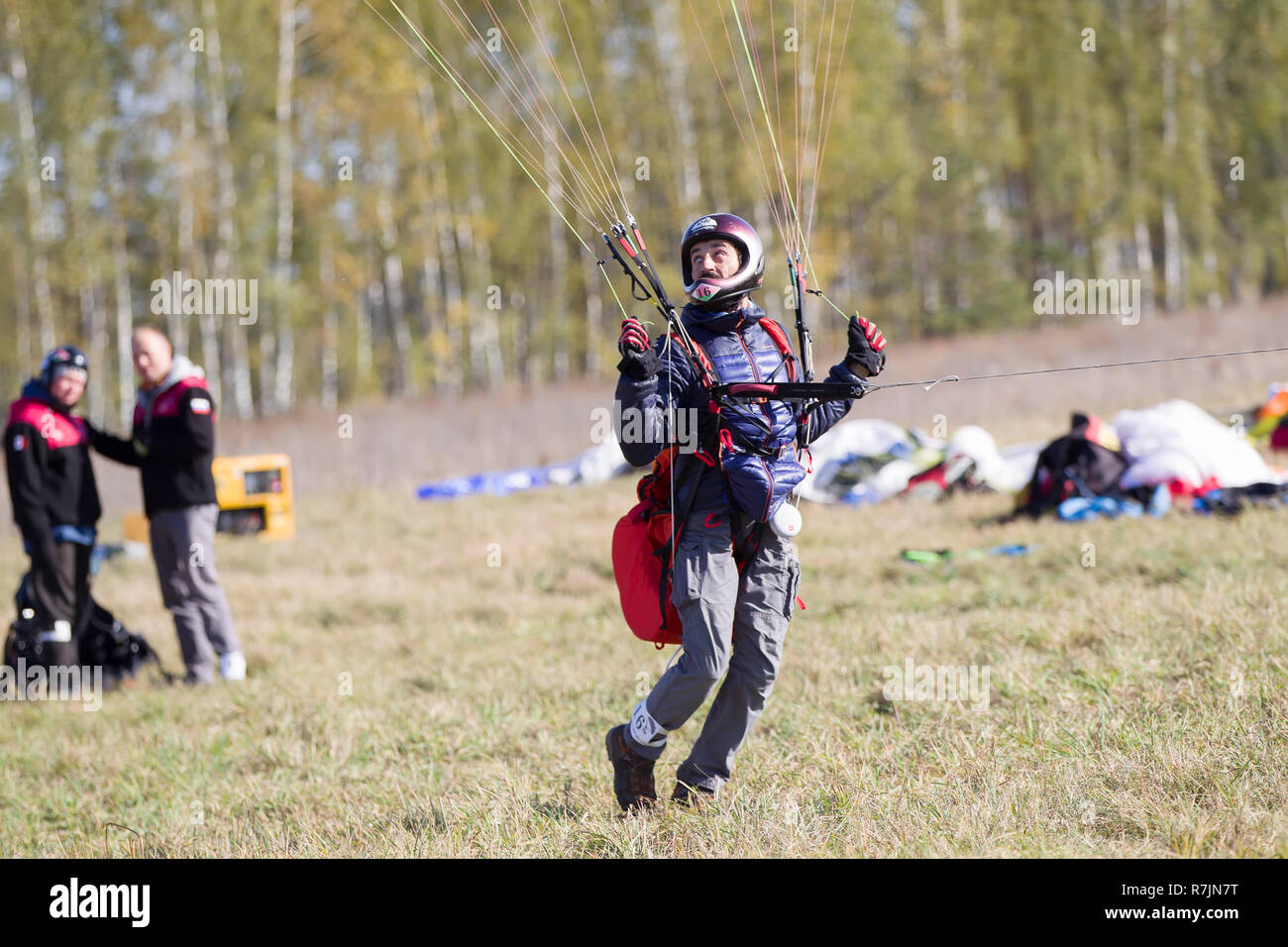 Belarus city Gomel October 7, 2018. Performances on paragliding.The ...
