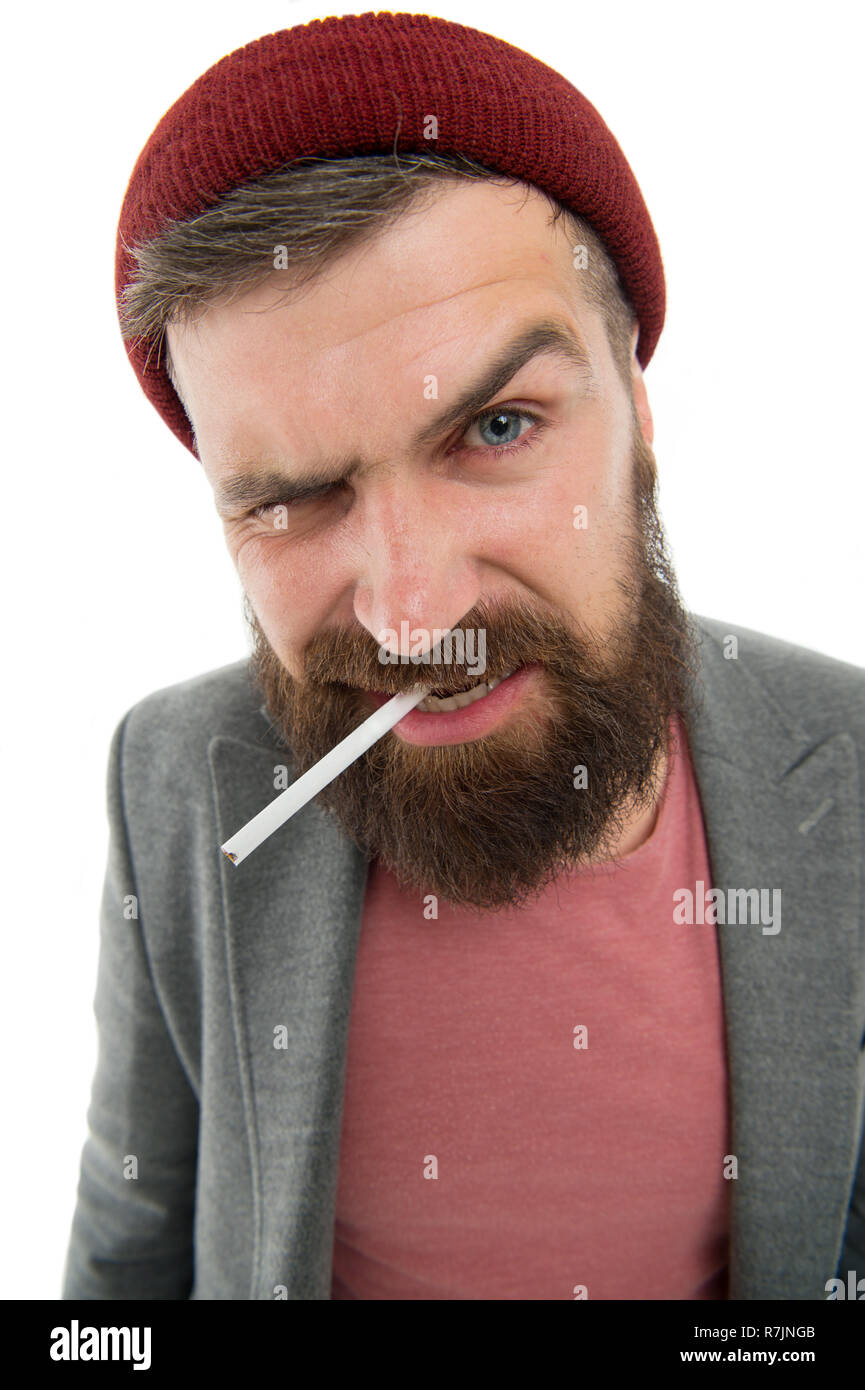 Brutal unshaven guy smoking isolated white background. Brutal habits ...