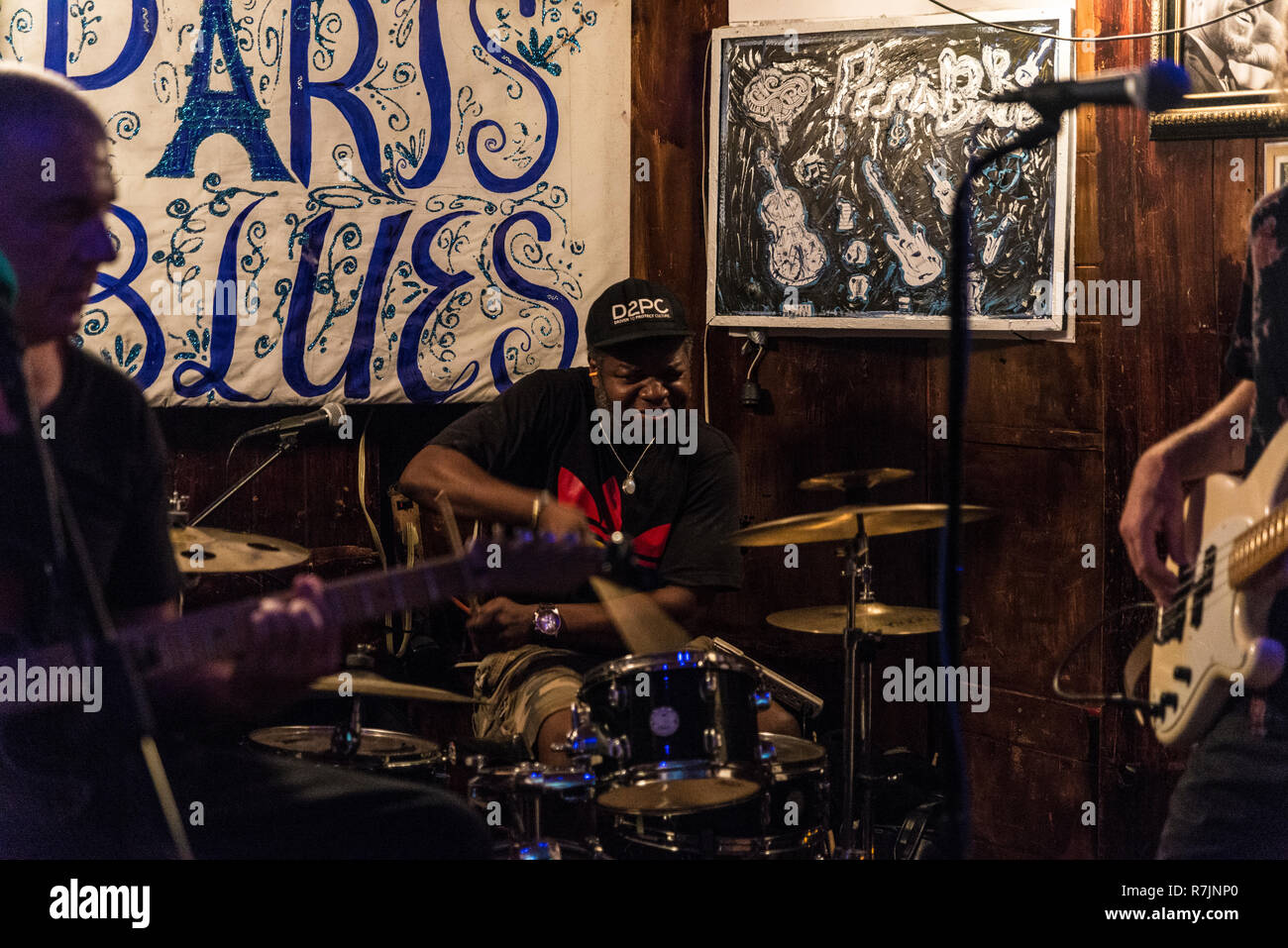 New York City, USA - July 29, 2018: Drummer playing with its band in a ...