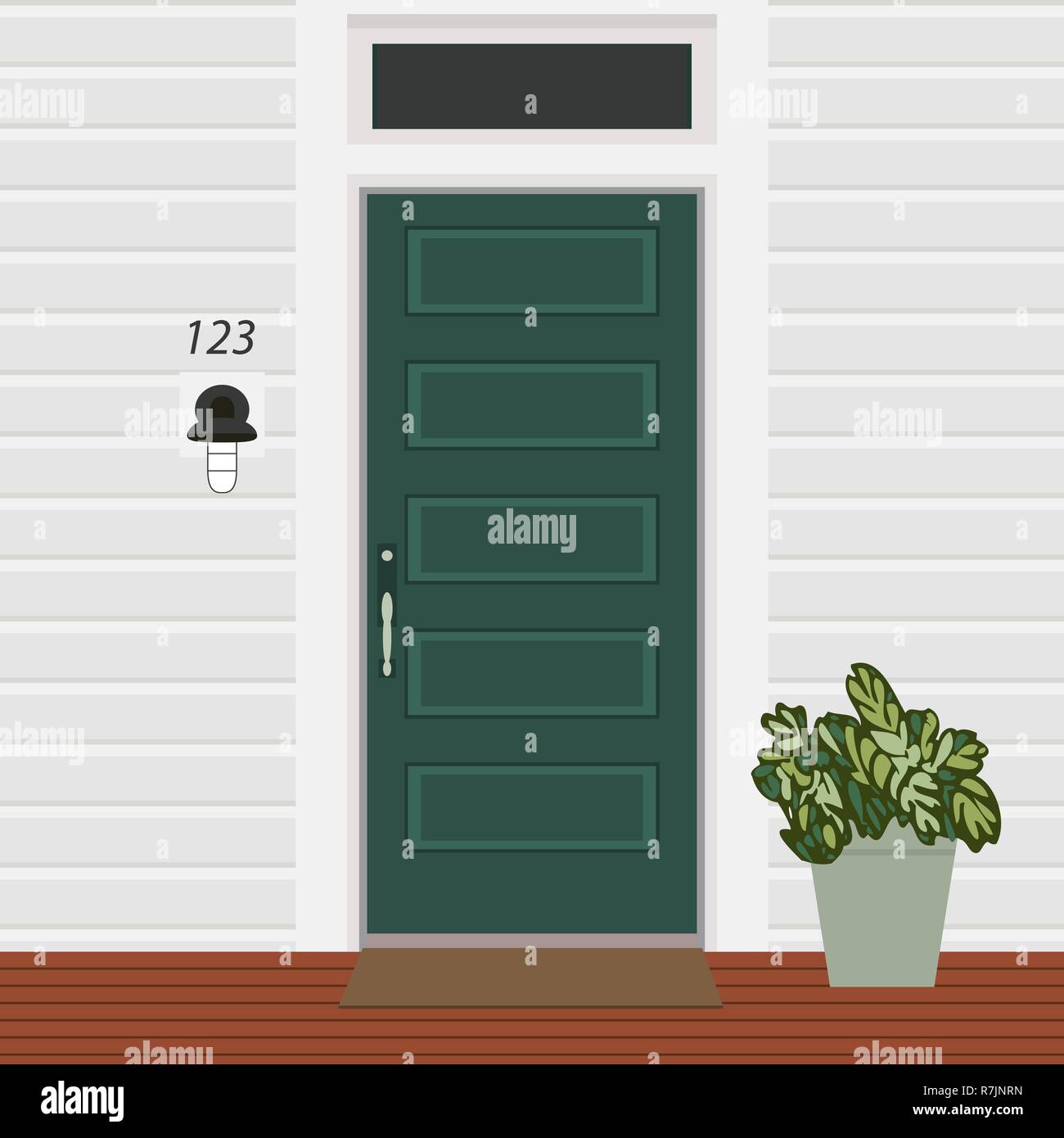 House door front with doorstep and mat, lamp, flowers, building entry ...