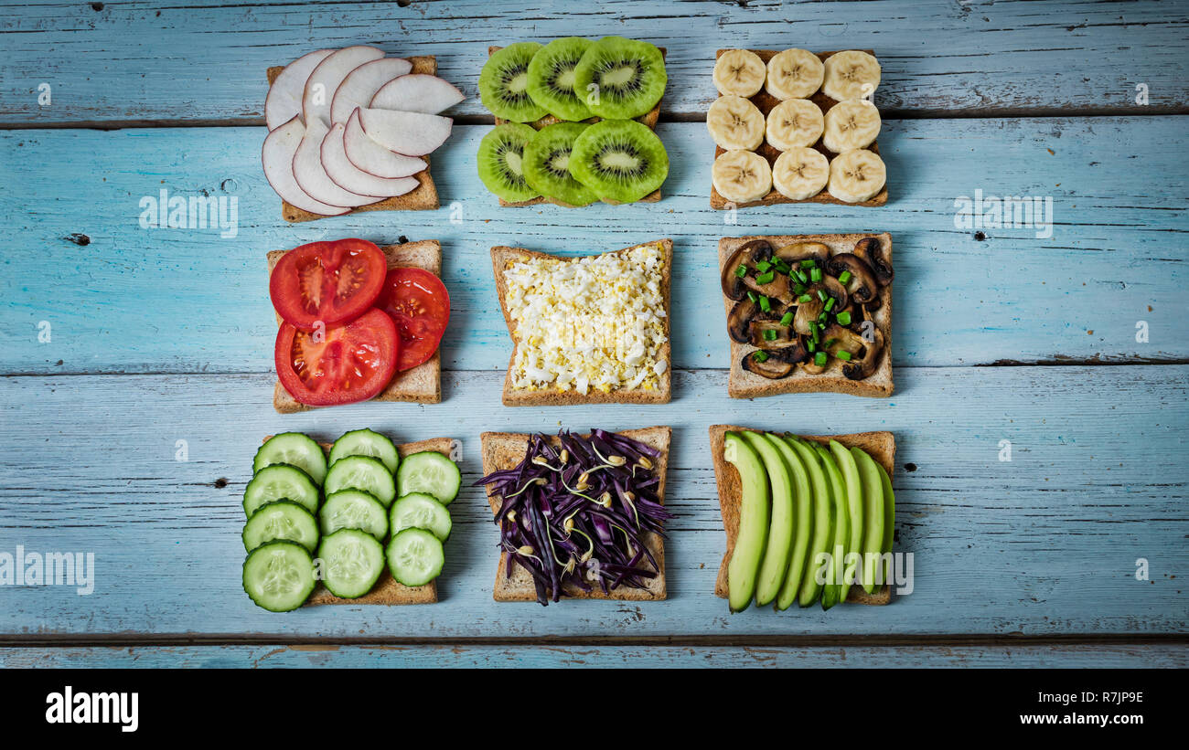 super food, Variety of healthy sandwiches on a blue wooden background ...