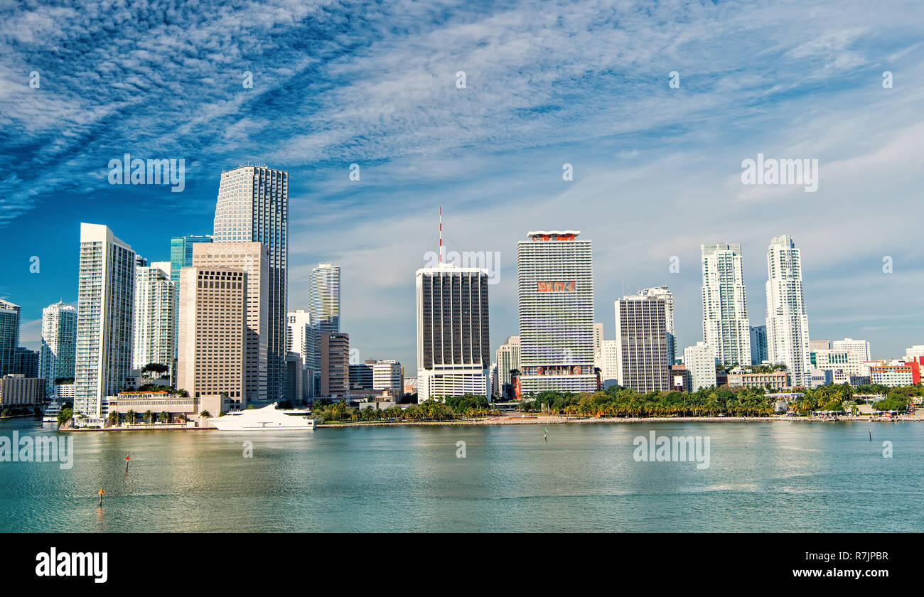 Miami skyline skyscrapers ,yacht or boat next to Miami downtown, Aerial ...