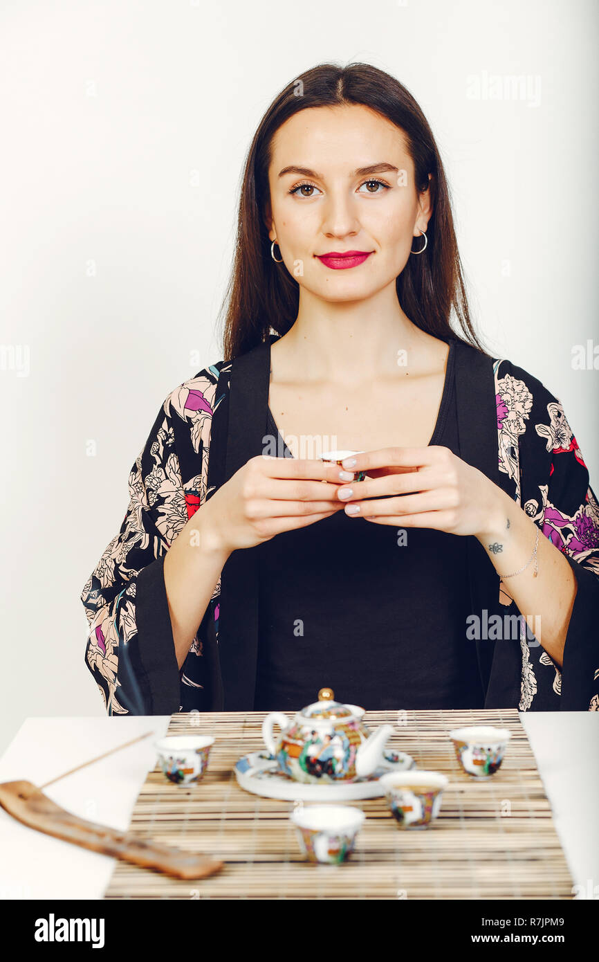 Japanese woman drinking tea hi-res stock photography and images - Alamy