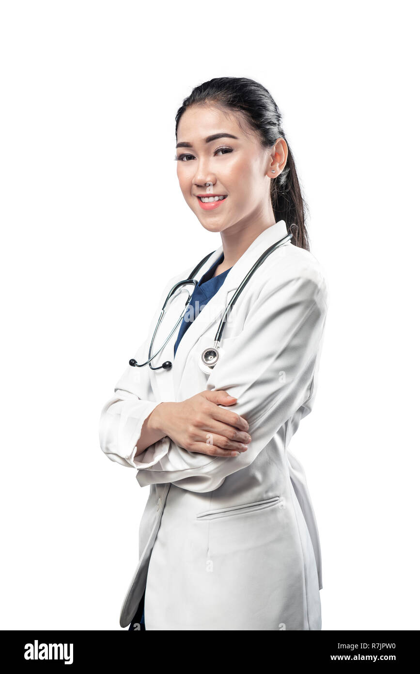 Pretty asian doctor woman with lab coat and stethoscope standing ...