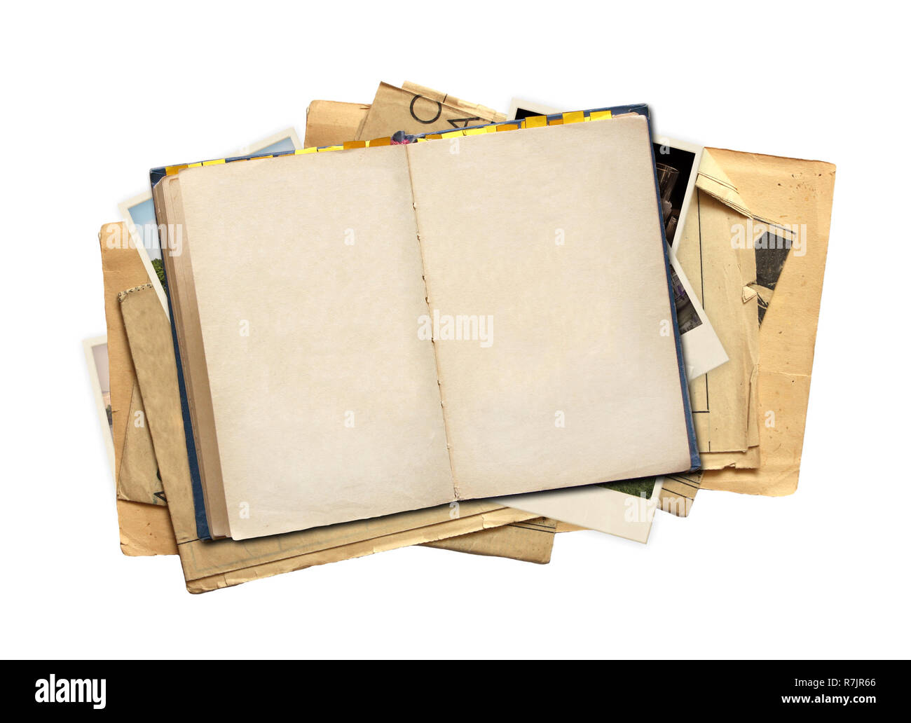 Old book and photos. Objects isolated on white background Stock Photo ...
