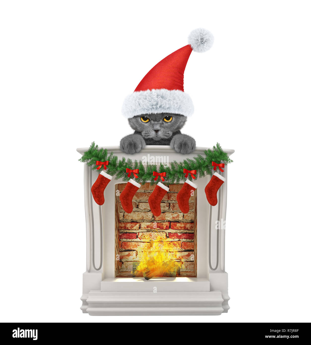 Cute cat near fireplace. Isolated on white Stock Photo - Alamy