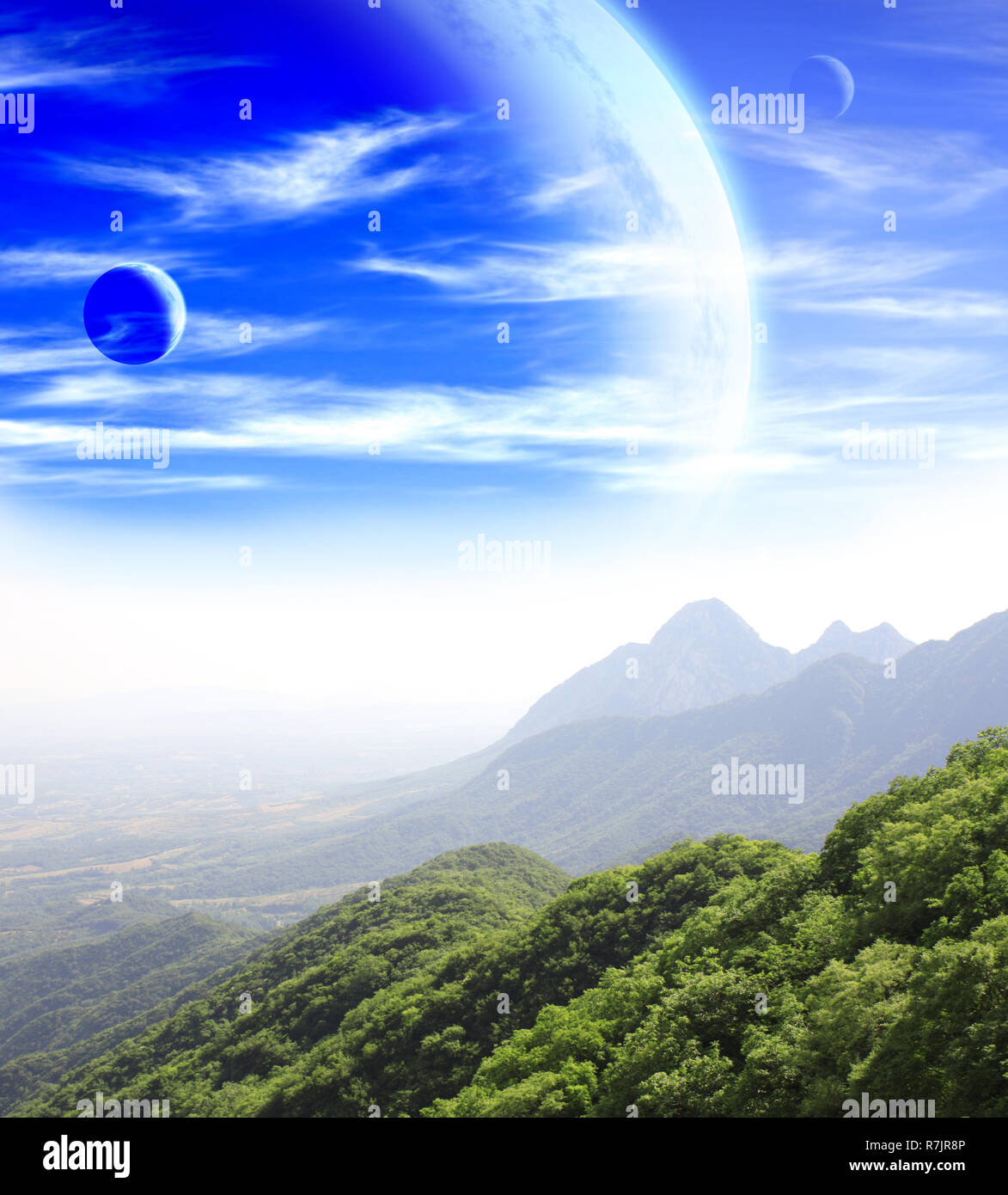 Fantastic landscape with planet, mountains and jungle Stock Photo - Alamy