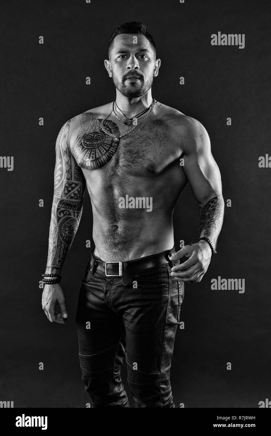 Tattoo brutal attribute. Man brutal unshaven hispanic appearance ...