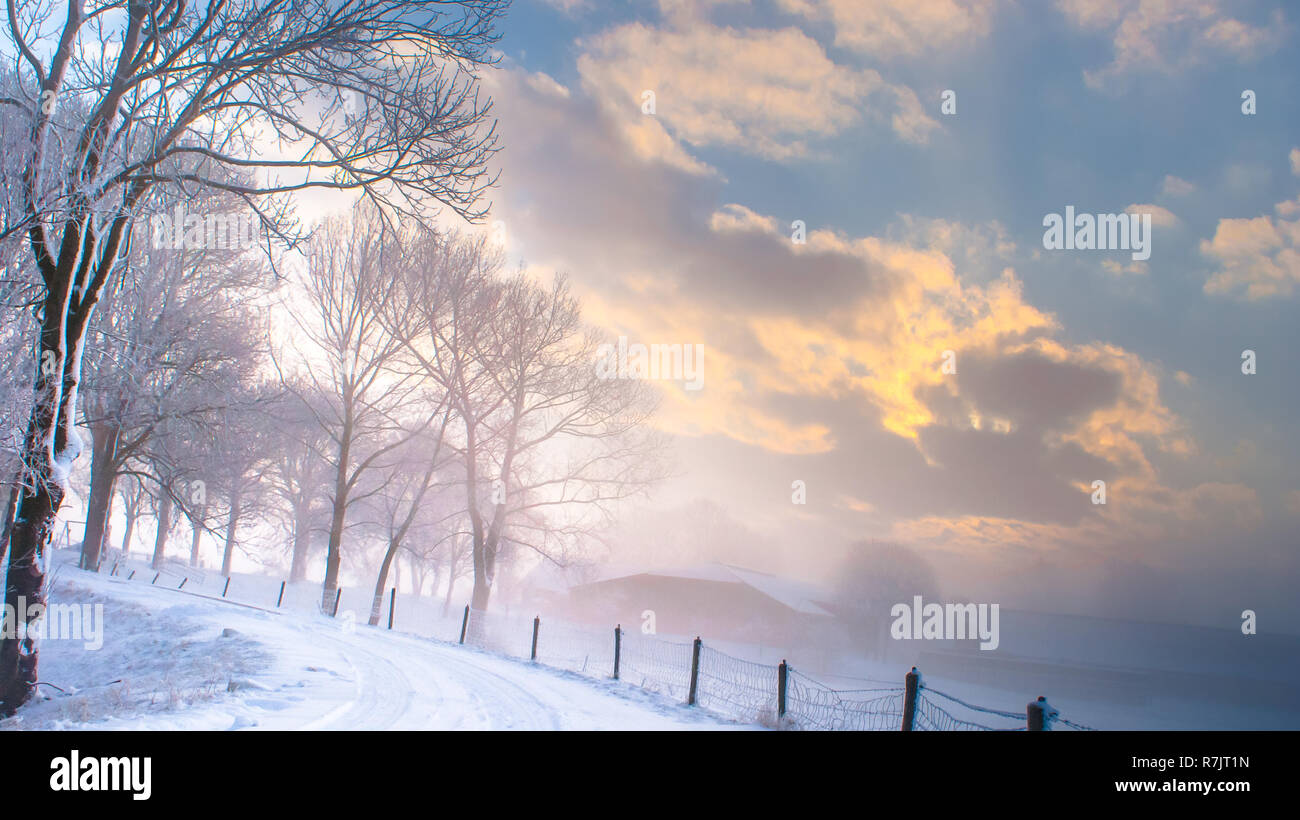 Great nice cozy winter landscape in the Netherlands along old seawall ...