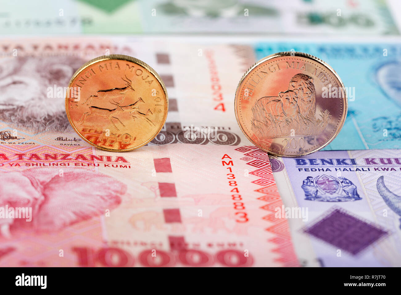 Tanzanian Schilling coins on the background of banknotes Stock Photo ...