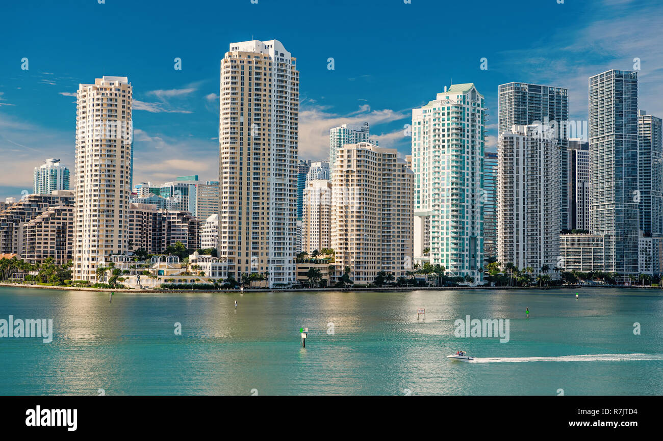 Miami skyline skyscrapers ,yacht or boat next to Miami downtown, Aerial ...