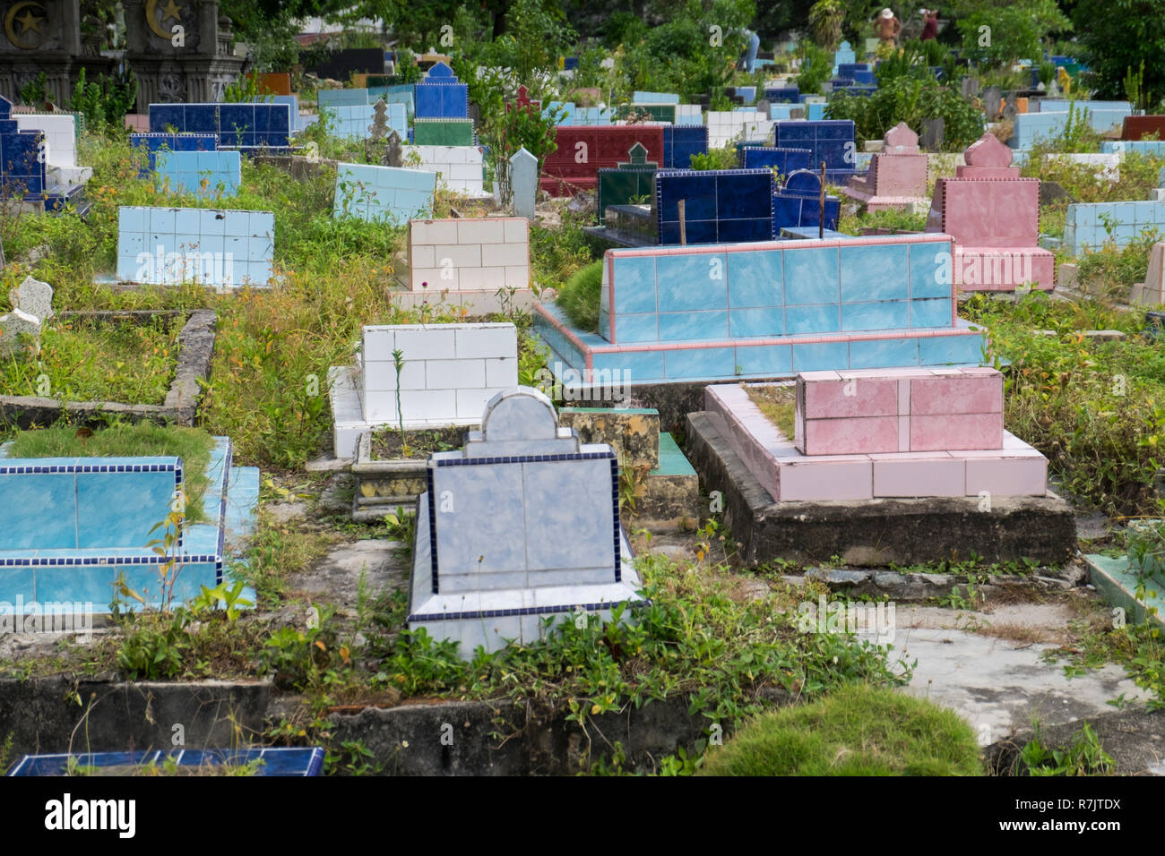 A Muslim graveyard, cemetery in Pekanbaru, Indonesia. The headstones ...