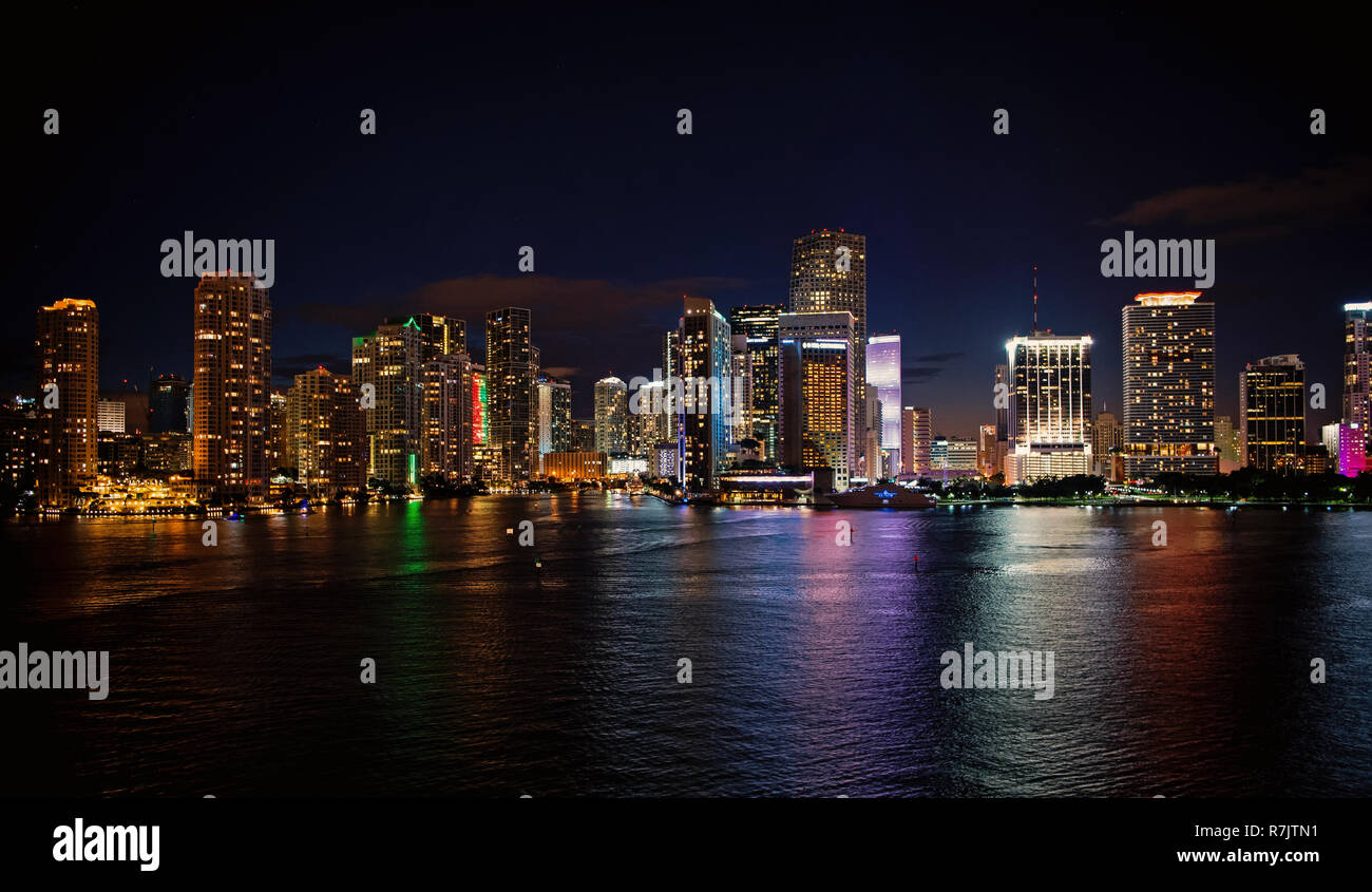 miami City skyline panorama with urban skyscraper buildings with light ...