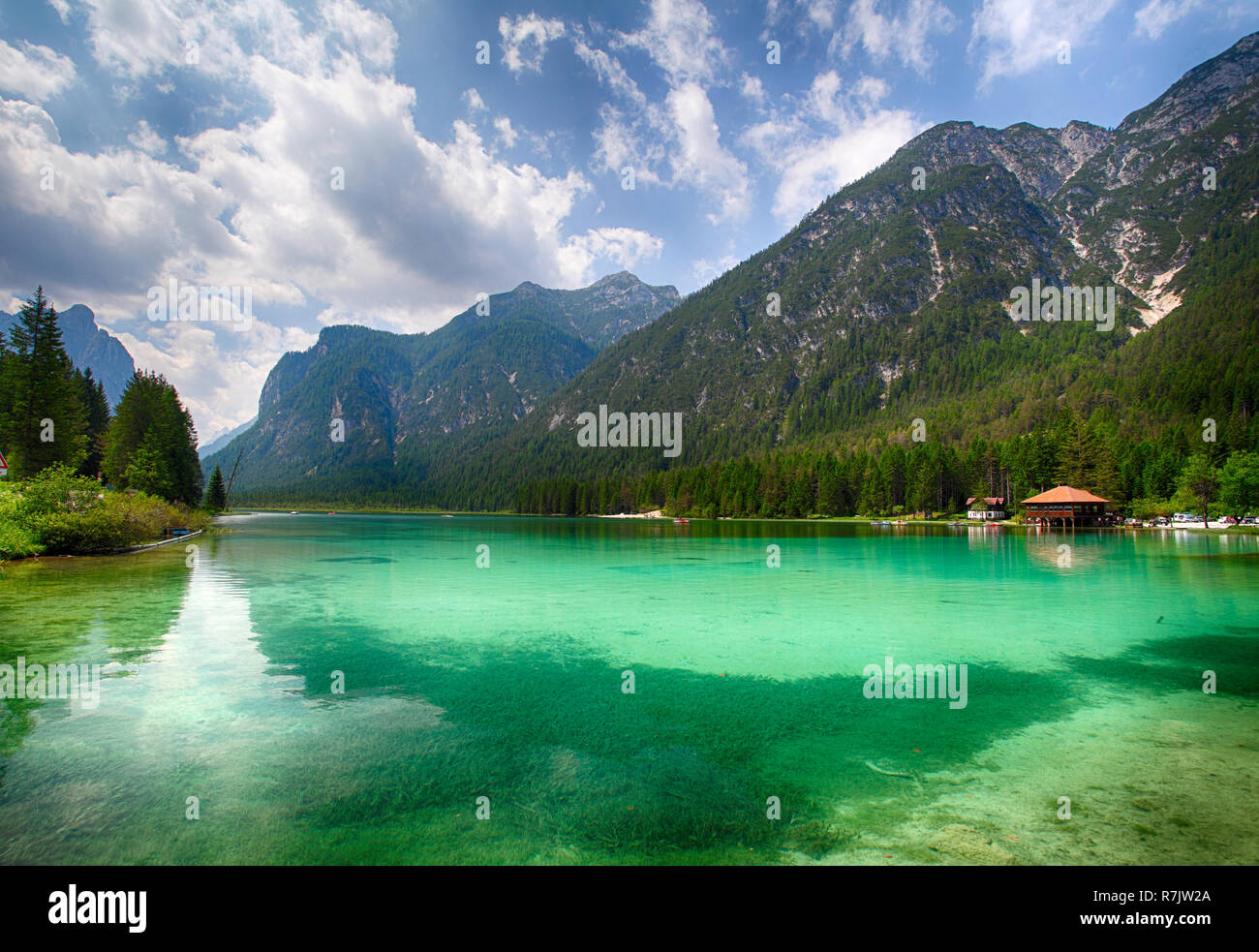 Lake dobbiaco, Dolomites mountain Stock Photo - Alamy