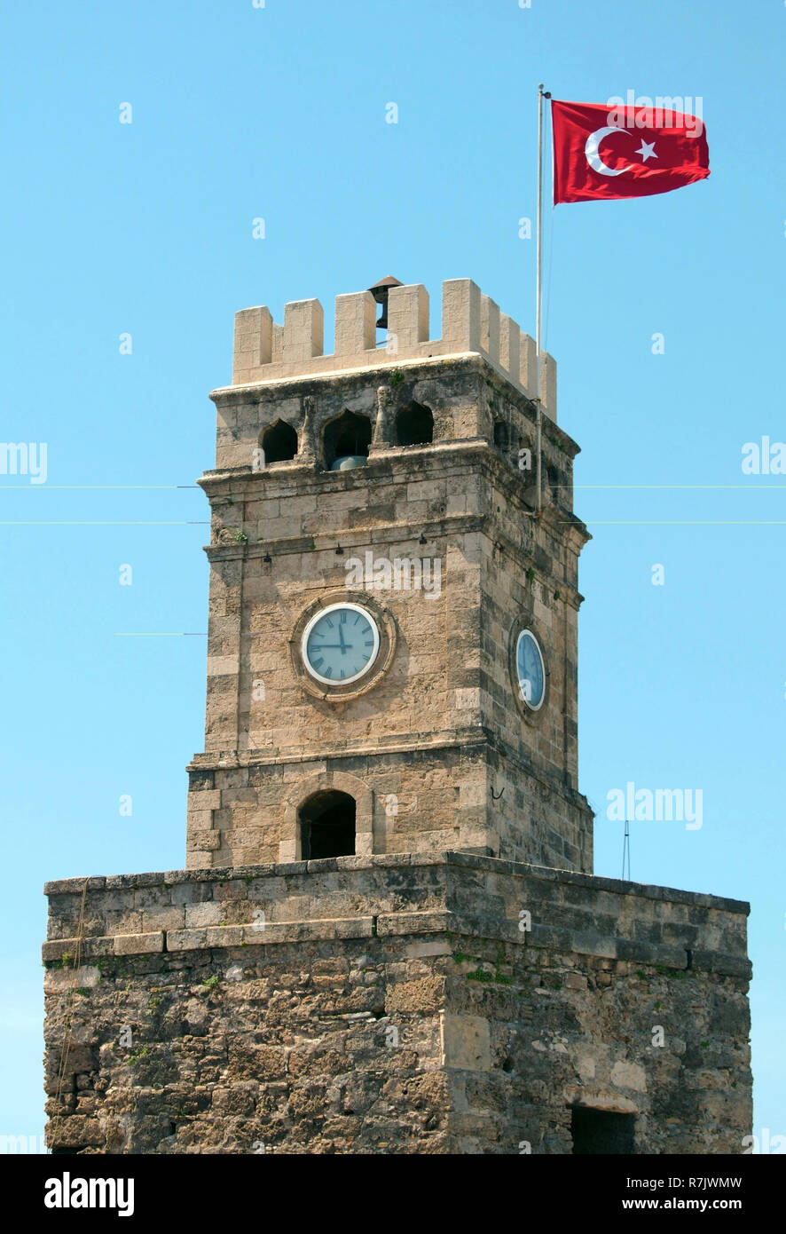 Historic clock tower, Turkish flag, historic centre, Antalya, Antalya ...