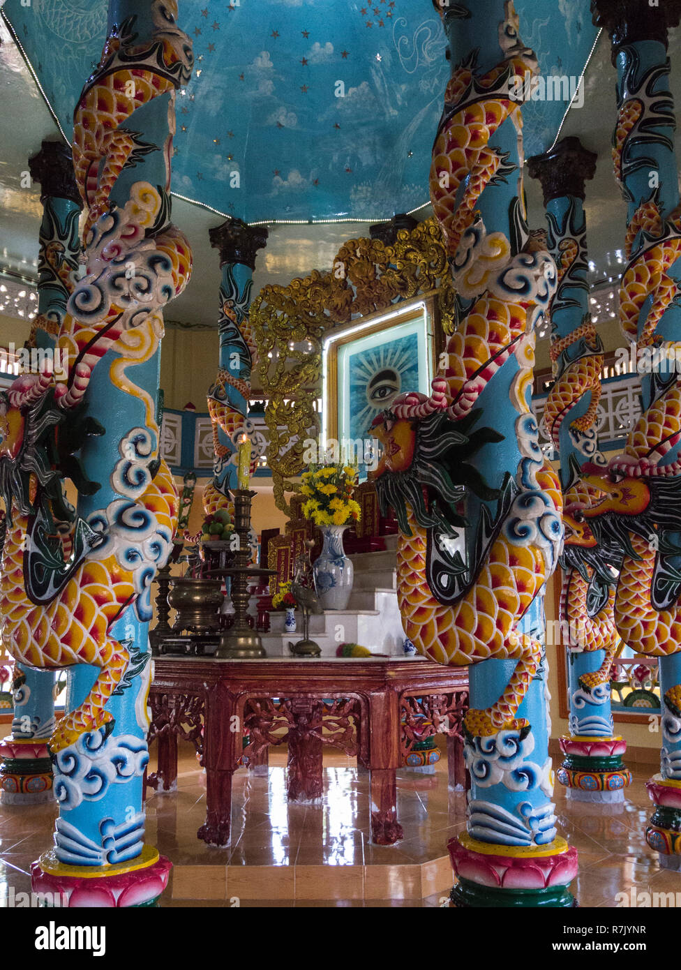 Decorated pillars in Cao Dai Temple in Cai Be symbolise local unique ...