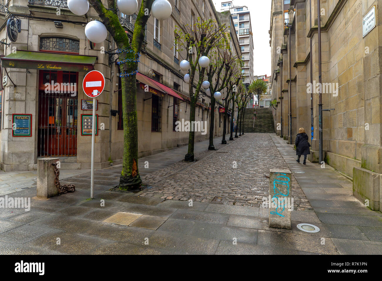 Vigo/Galicia - Spain - 12/2/18 - The street between a bar and a church ...