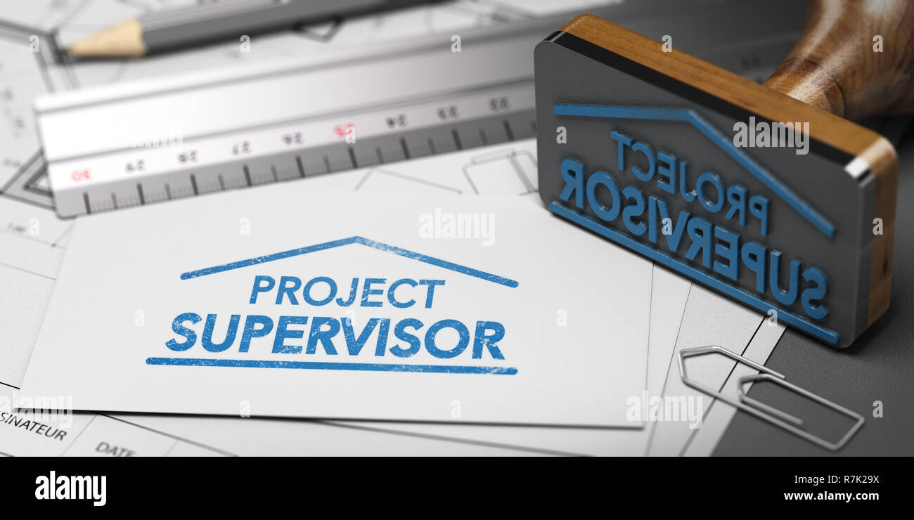 Project supervisor text stamped on a business card with rubber stamp ...