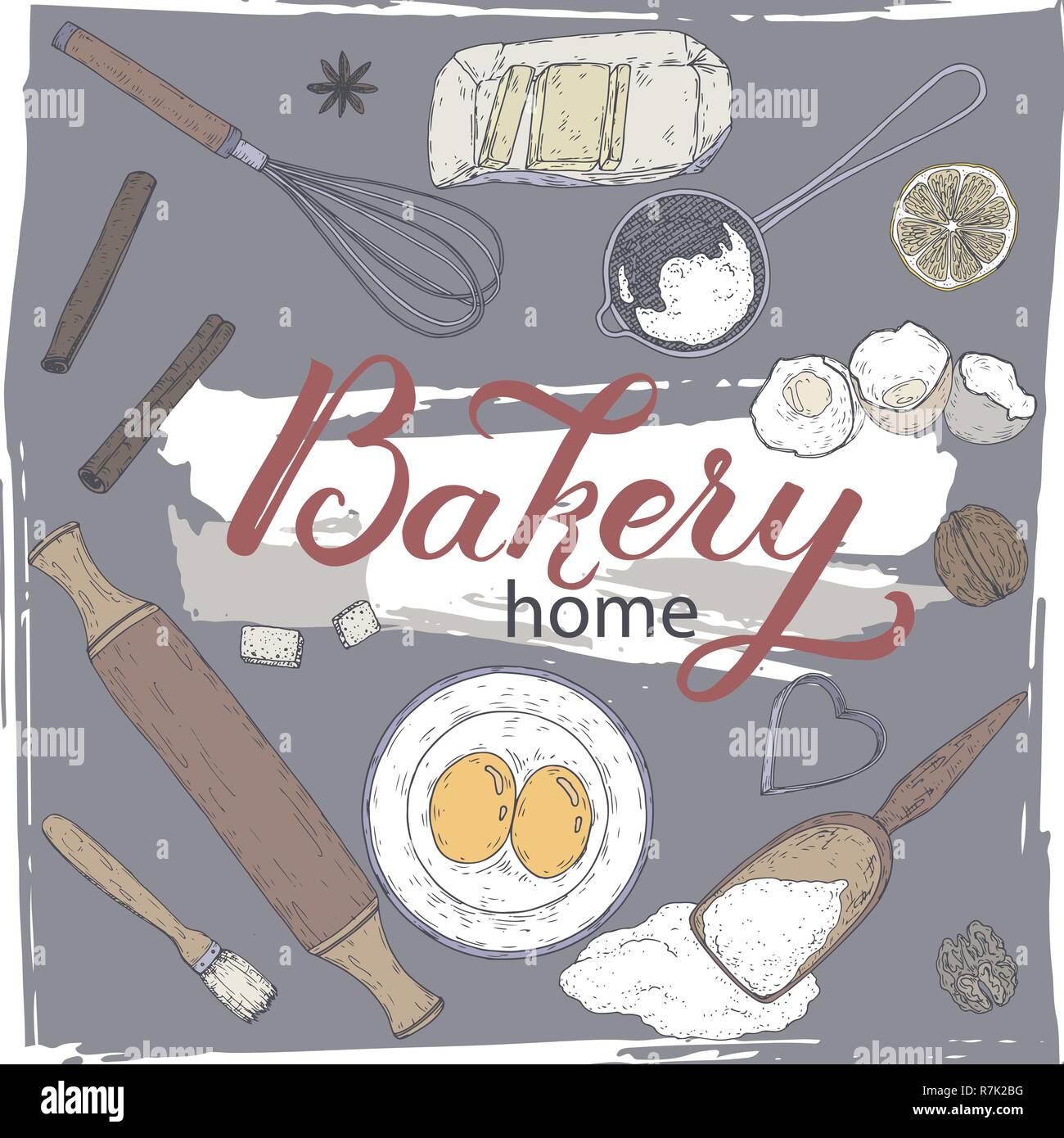 Home bakery set with rolling pin, beater, mold, strainer, flour, eggs ...