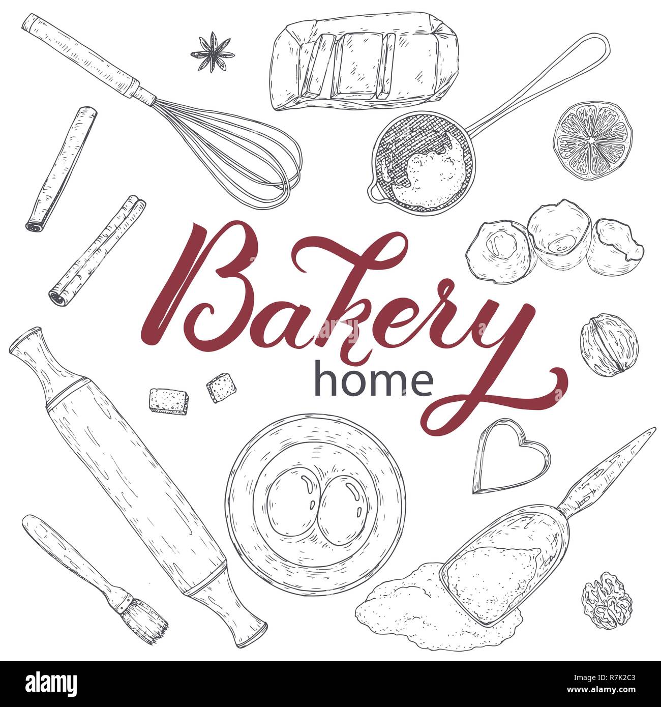 Home bakery set with rolling pin, beater, mold, strainer, flour, eggs ...