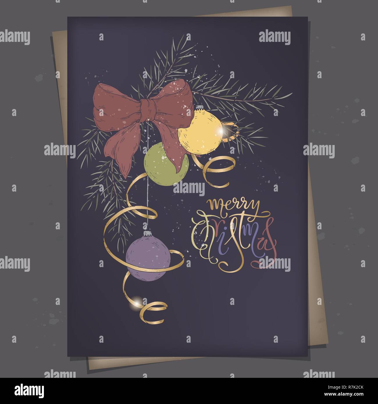 A4 format Christmas card with brush lettering, color hand drawn pine ...