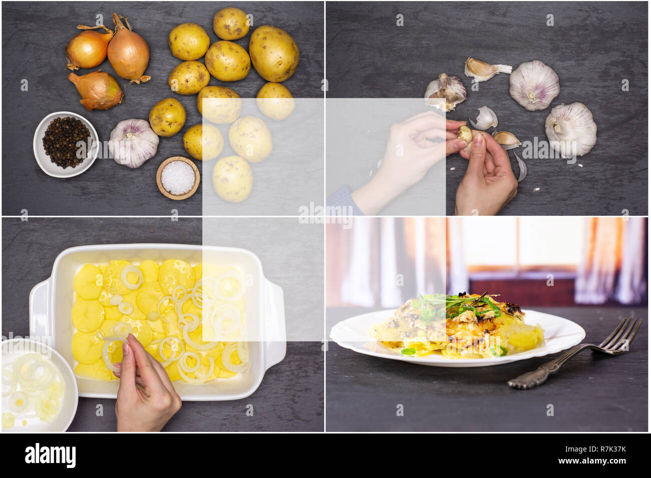 Collage recipe step by step baked potatoes with onion on grey stone ...