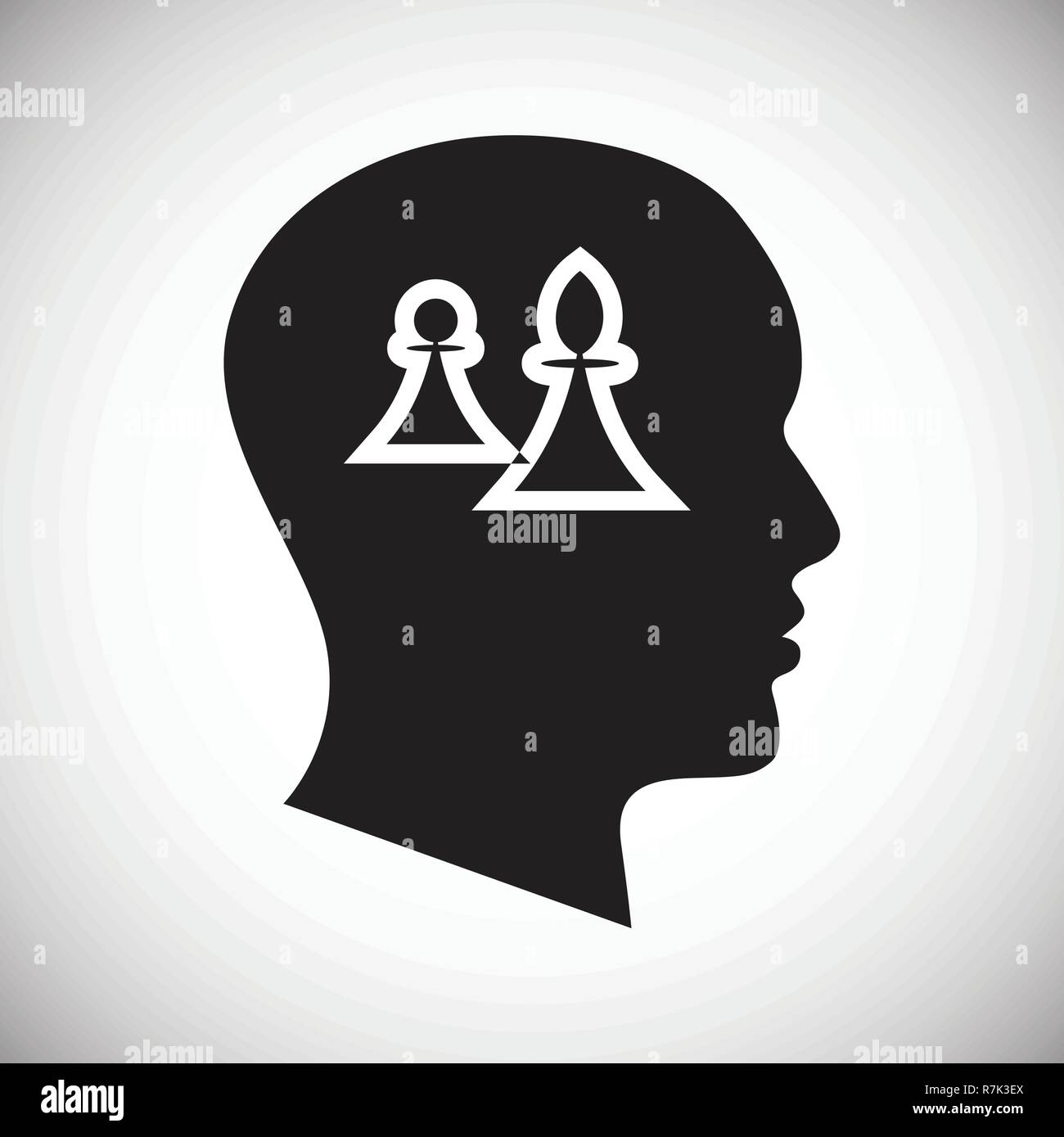 Human head with chess figures icon on white background for graphic and ...